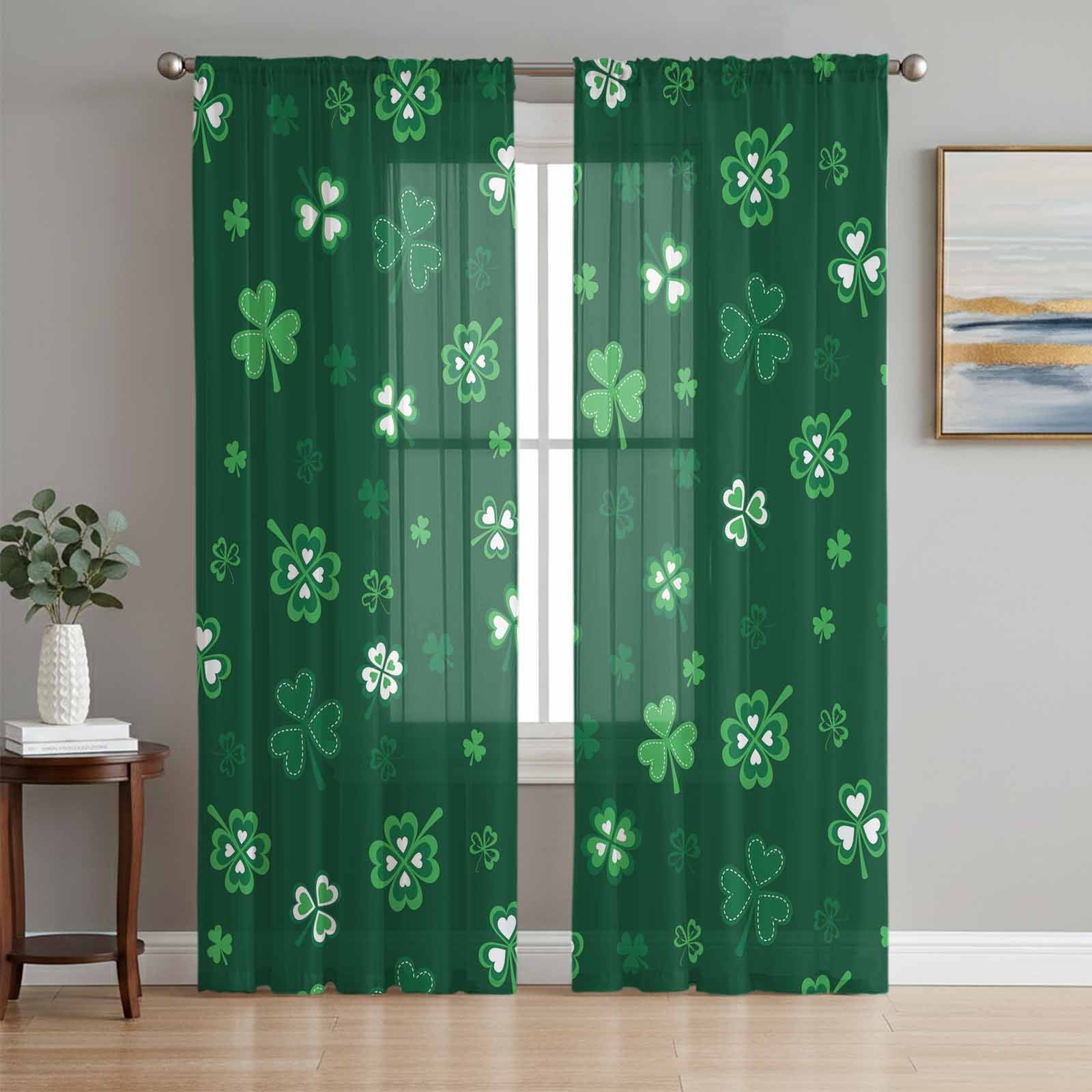 Farmhouse Green Shamrock Chiffon Sheer Curtains 84 Inches Long, Saint ...
