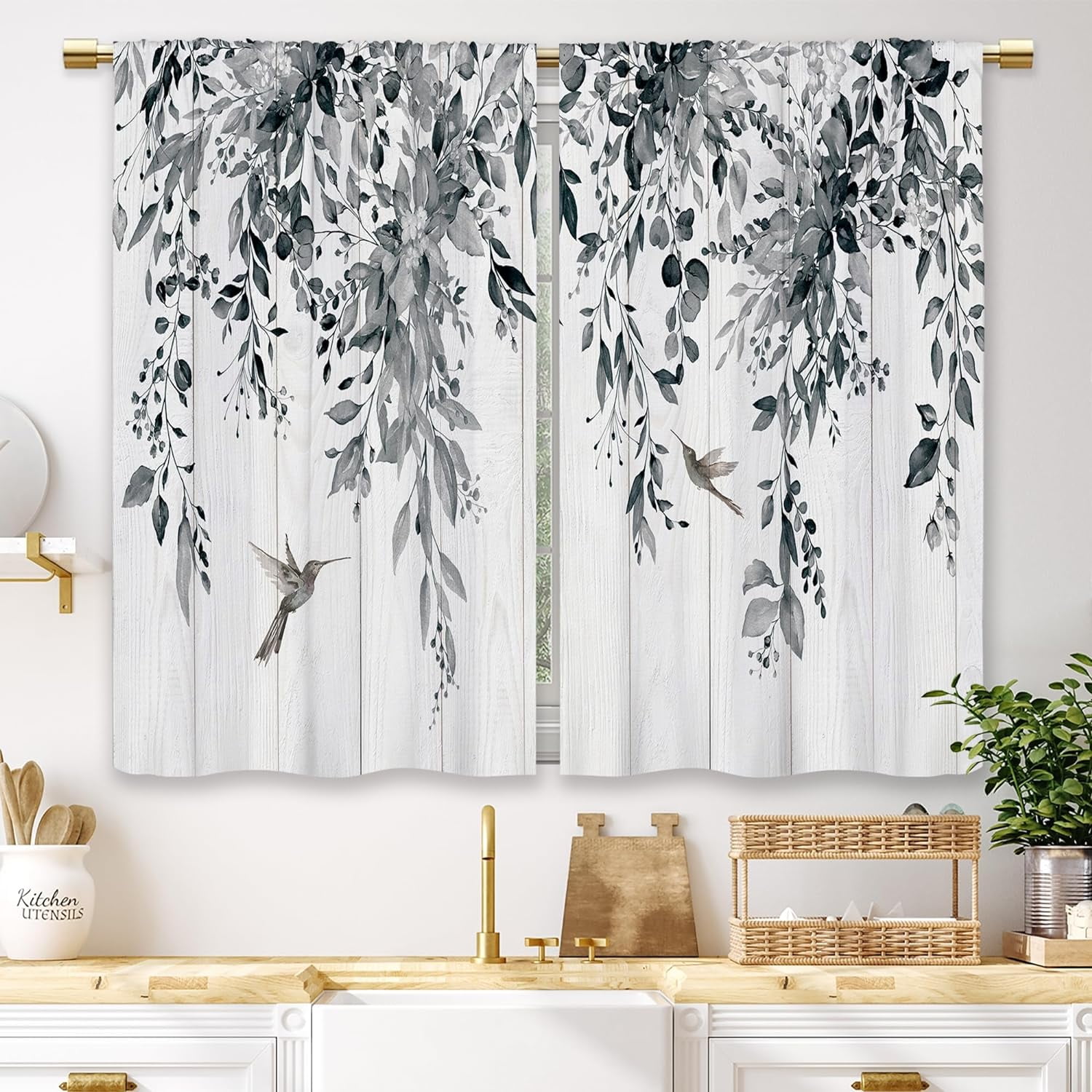 Farmhouse Grey Eucalyptus Bird Kitchen Curtains floral Botanical Leaf ...
