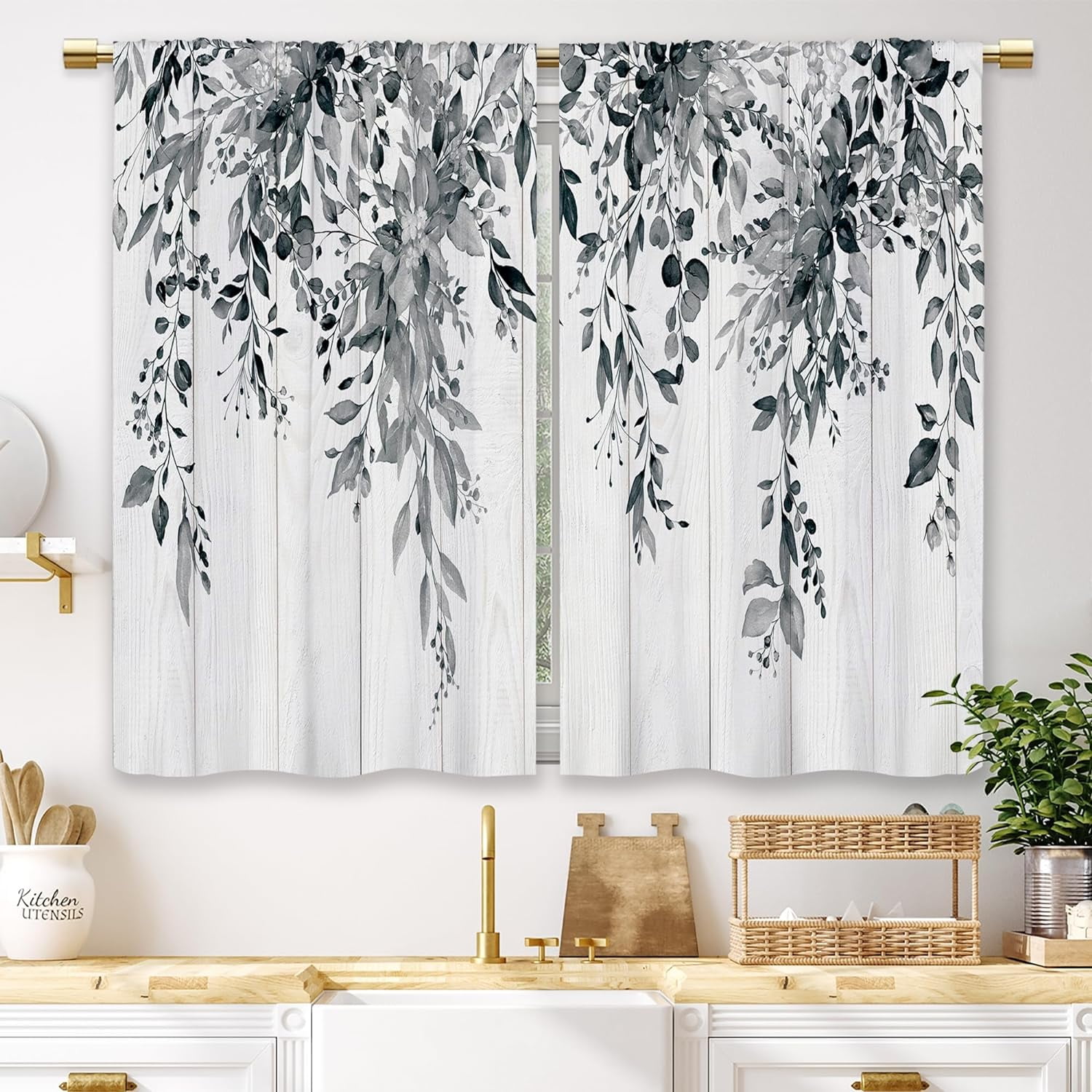 Farmhouse Grey Eucalyptus Wood Kitchen Curtains floral Botanical Leaf ...