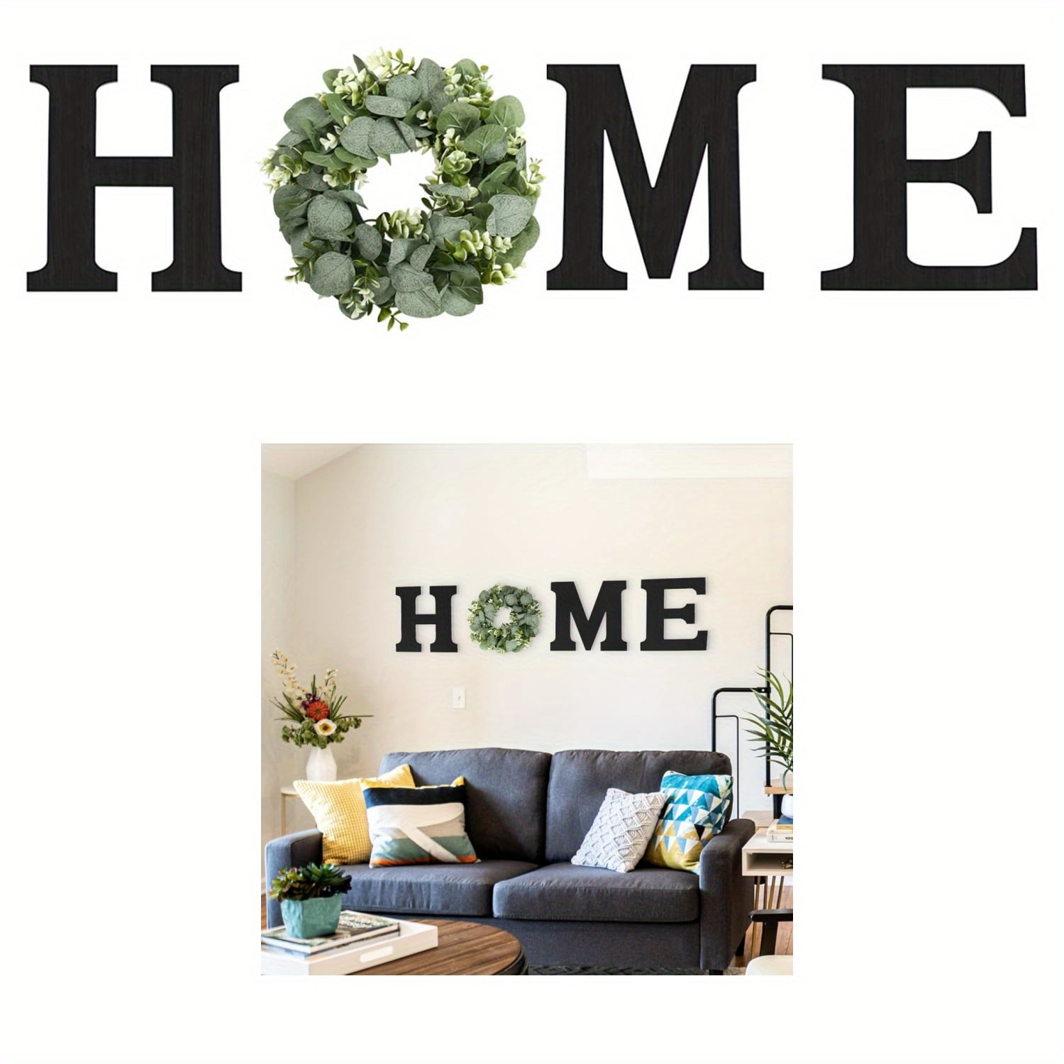 Farmhouse HOME Wall Sign, Black Wood Letters with Greenery Wreath for ...
