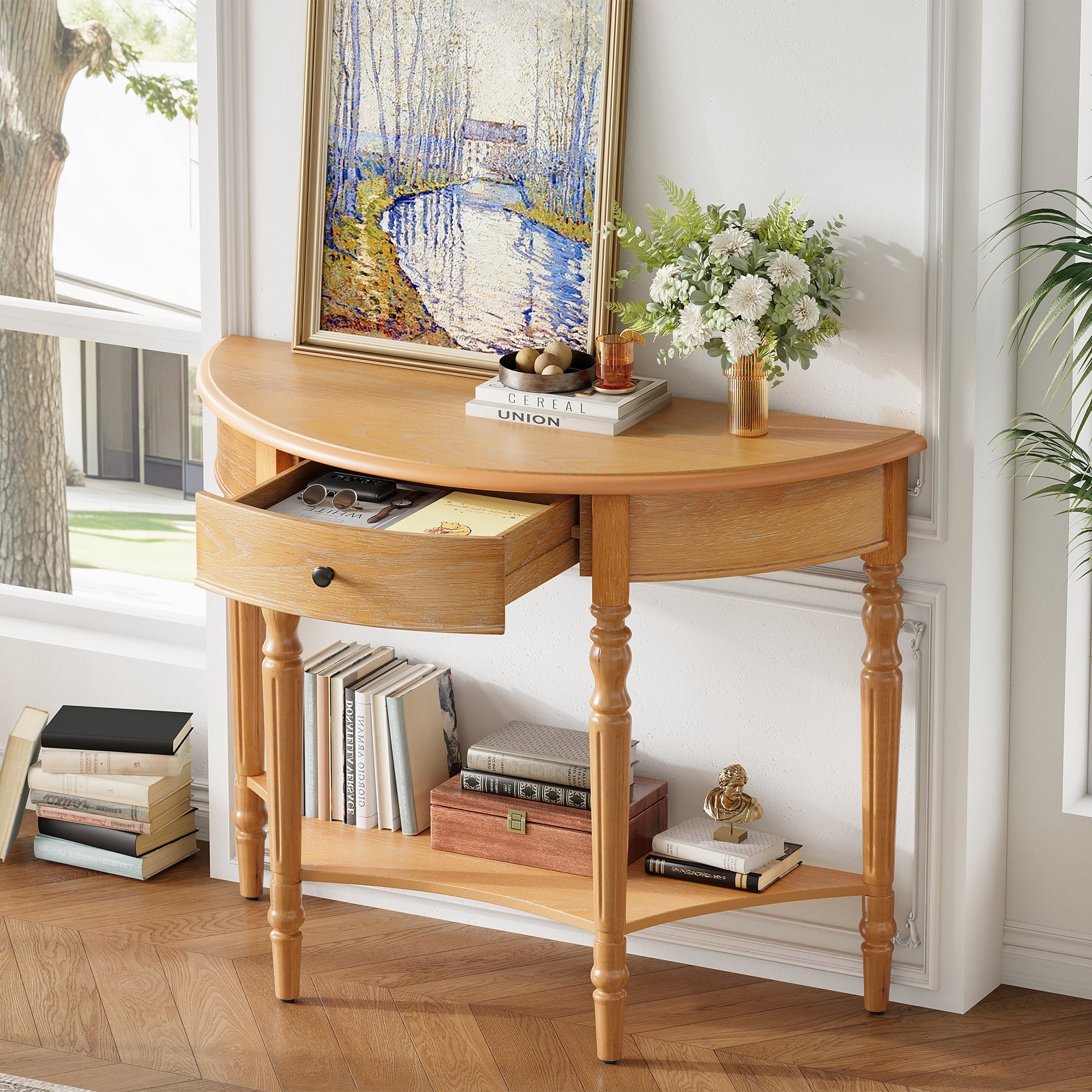 Farmhouse Half Moon Console Table, Sofa Table with Drawer & Shelf ...