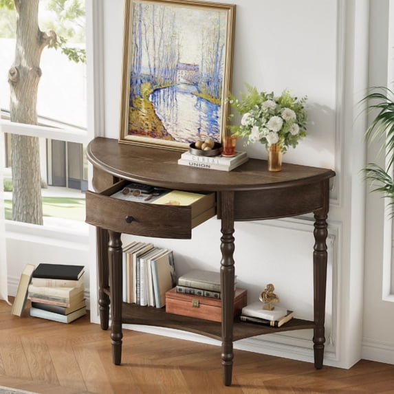 Farmhouse Half Moon Console Table with Drawer and Shelf, 39