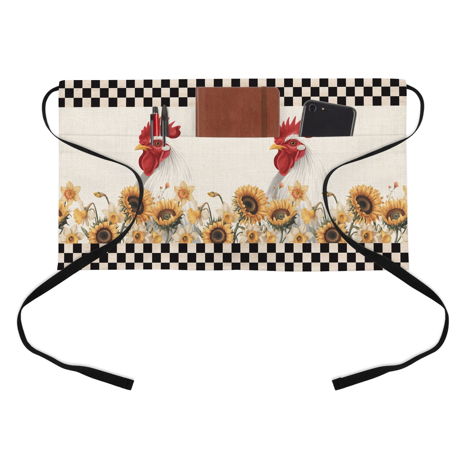 Farmhouse Half Waist Apron Vintage Farm Chicken Sunflowers Black Plaid ...