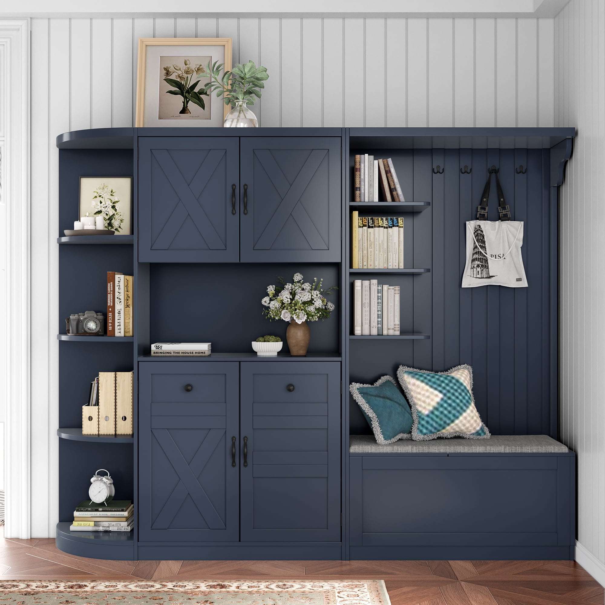 Farmhouse Hall Tree With Bench And Storage, Entryway Bench with Coat ...