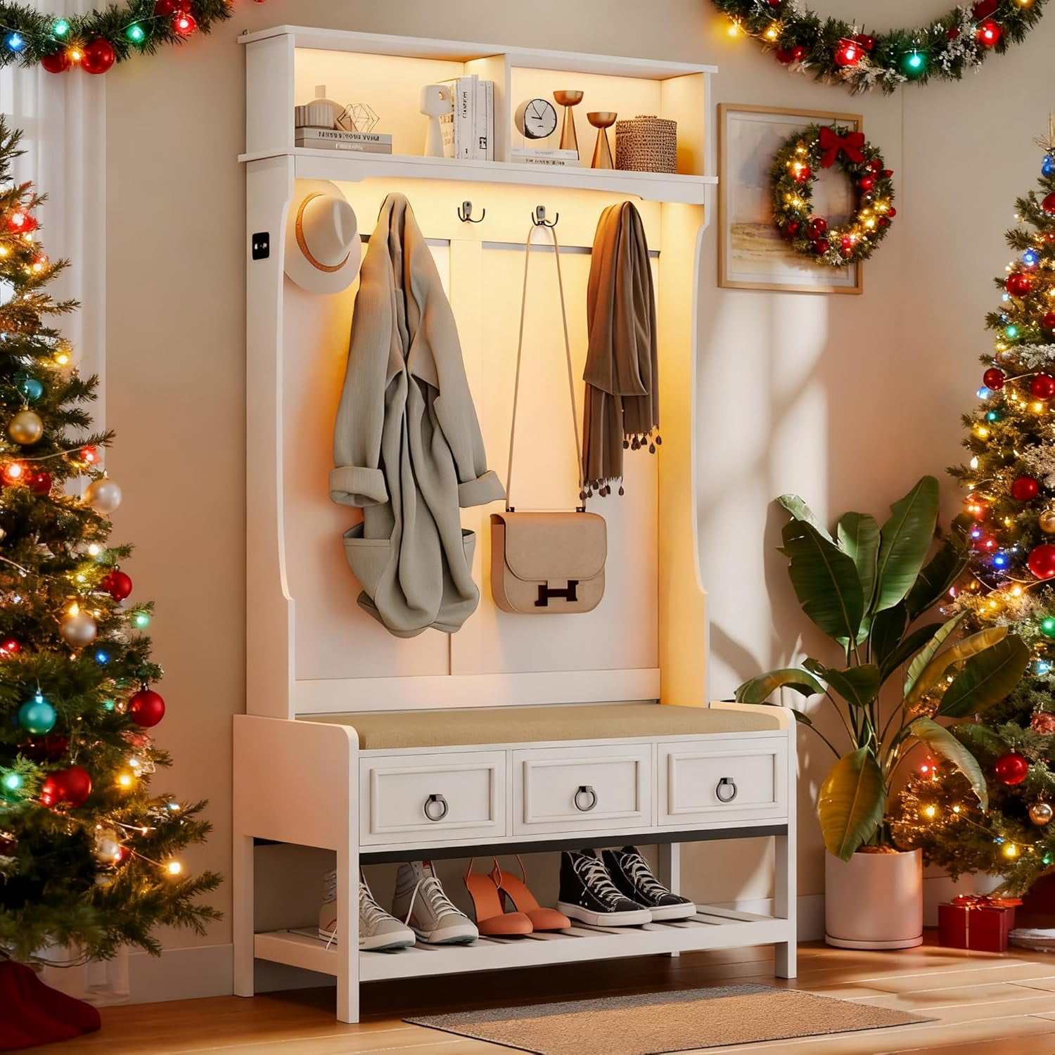 Farmhouse Hall Tree with Cushioned Bench and Shoe Storage for Mudroom ...