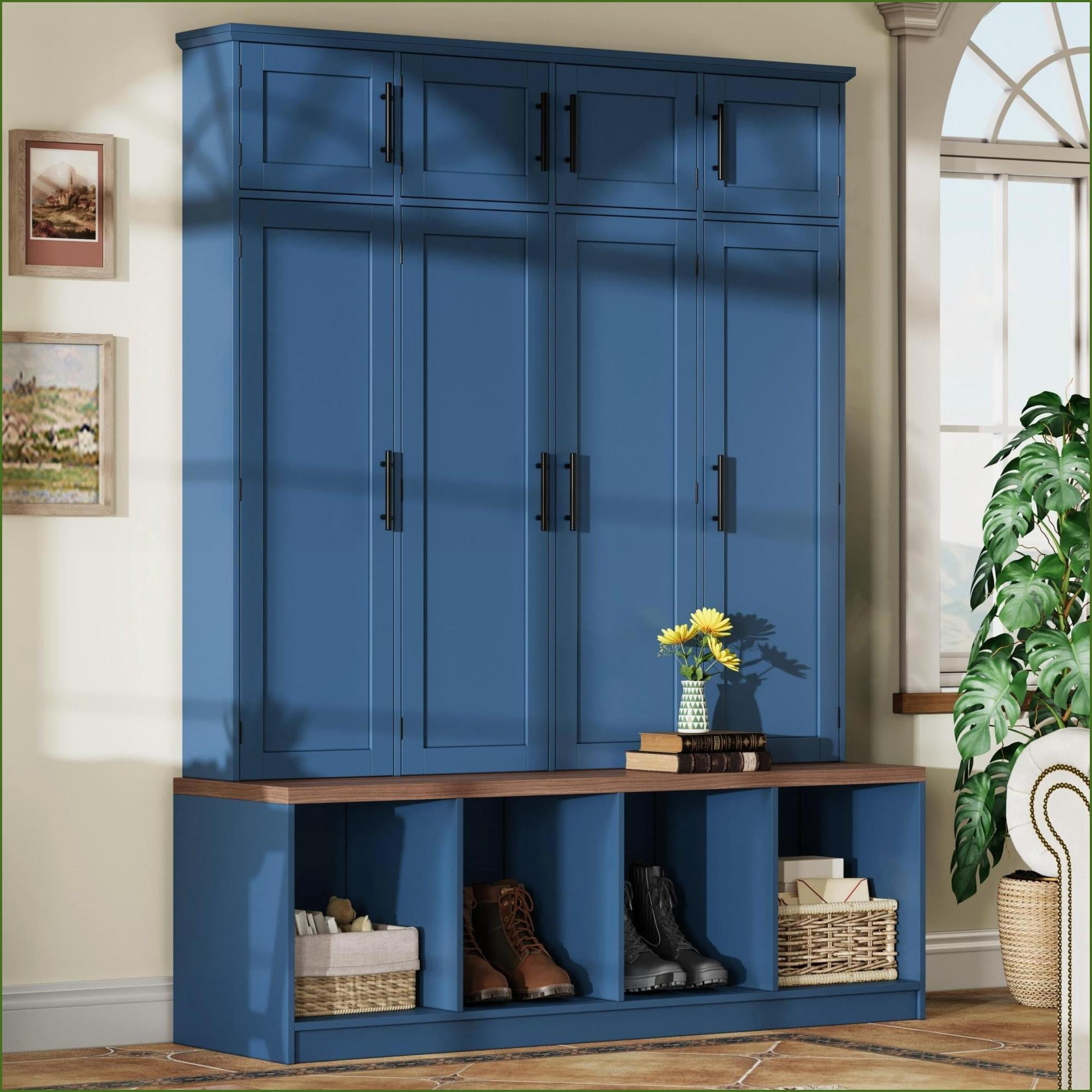 Farmhouse Hall Tree with 4 Hooks, 8 Cabinets & Walnut Bench – Blue ...