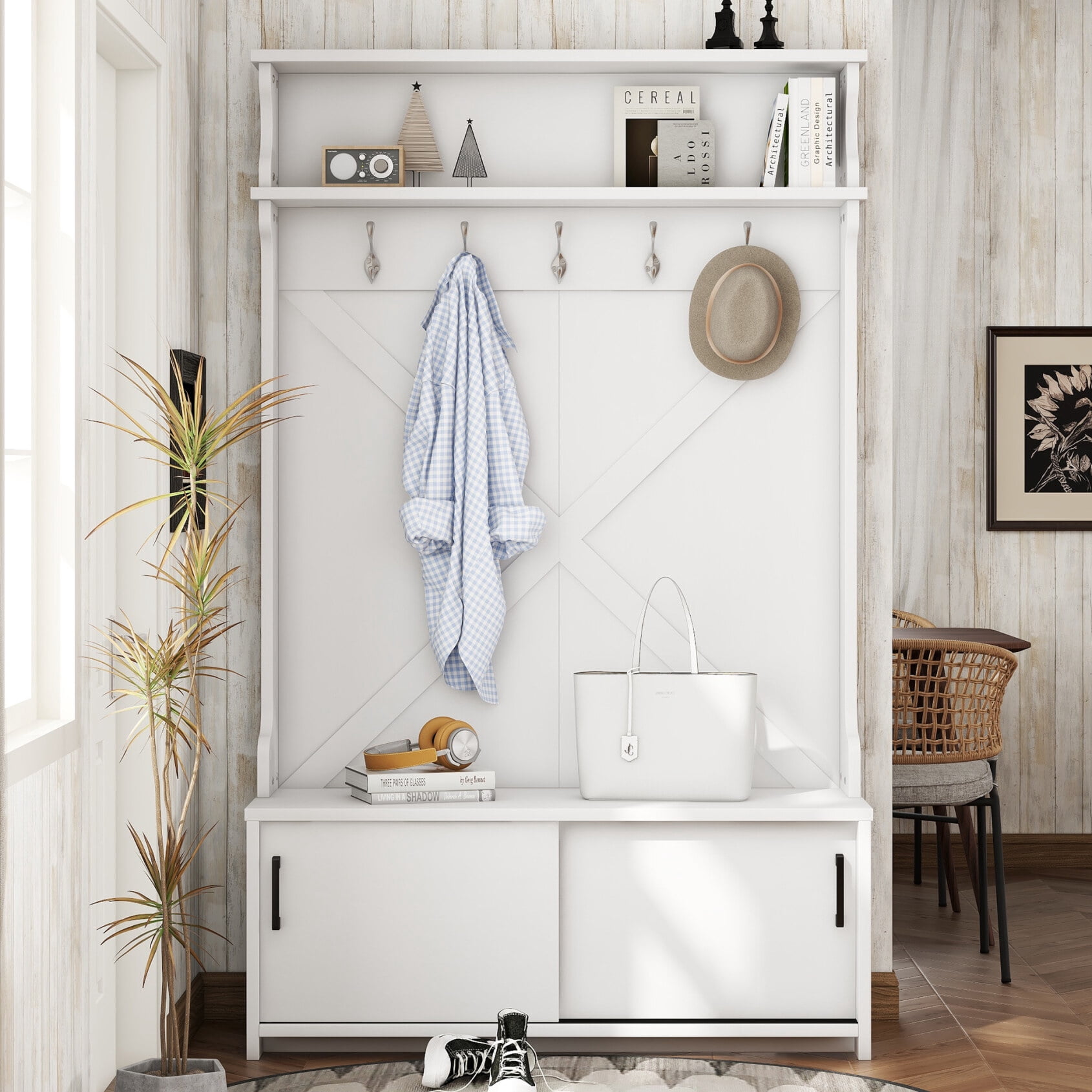 Farmhouse Hall Tree with Storage Bench, Entryway Bench with Drawer and ...