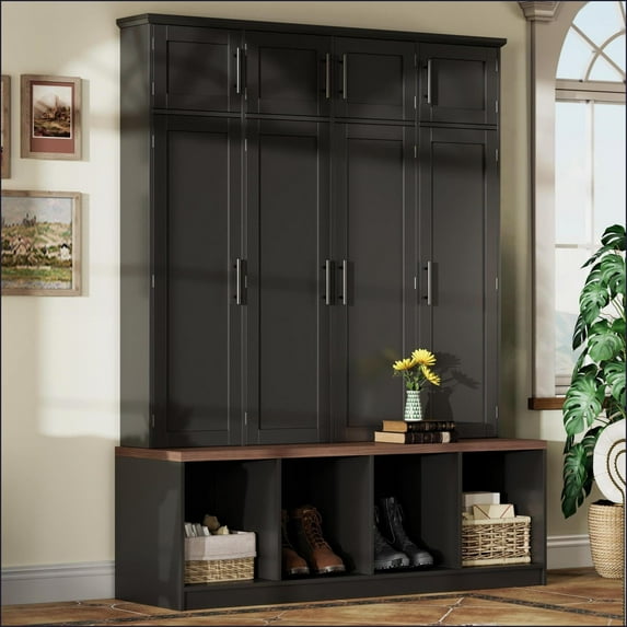 Farmhouse Hall Tree with Walnut Seat, 8 Cabinets & 4 Hooks | Black ...