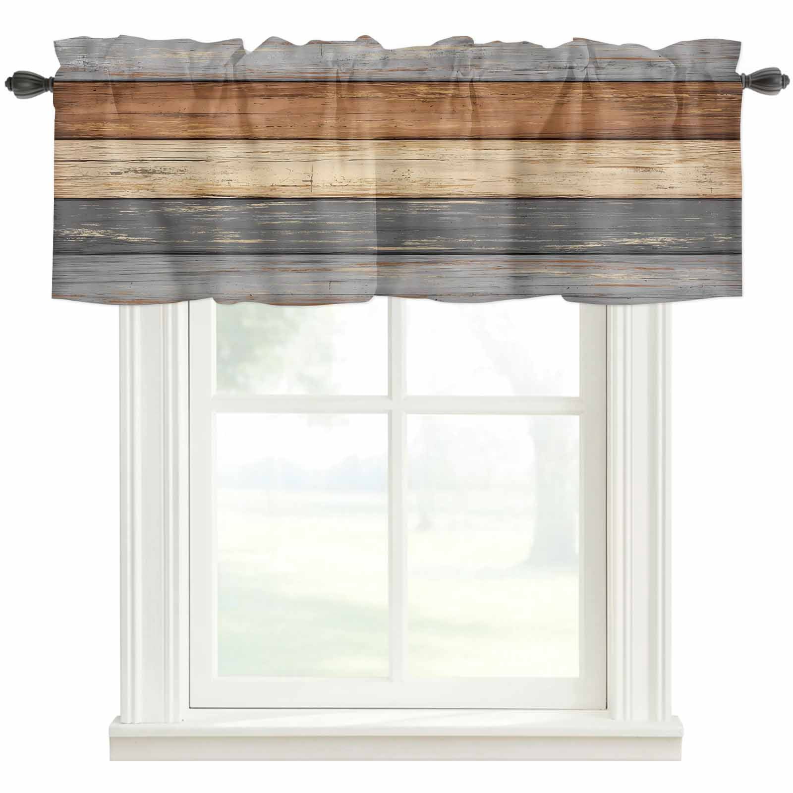 Farmhouse Haze Blue Brown Rod Pocket Curtain Valance, Vintage Wooden ...