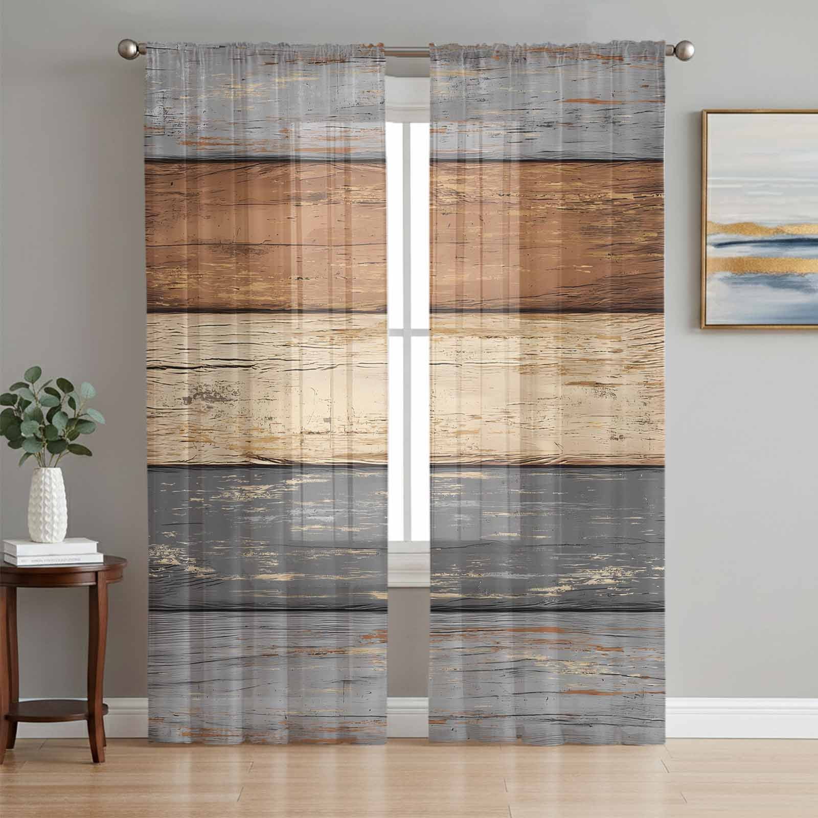 Farmhouse Haze Blue Brown Sheer Curtains 96 Inch Length 2 Panels Set ...