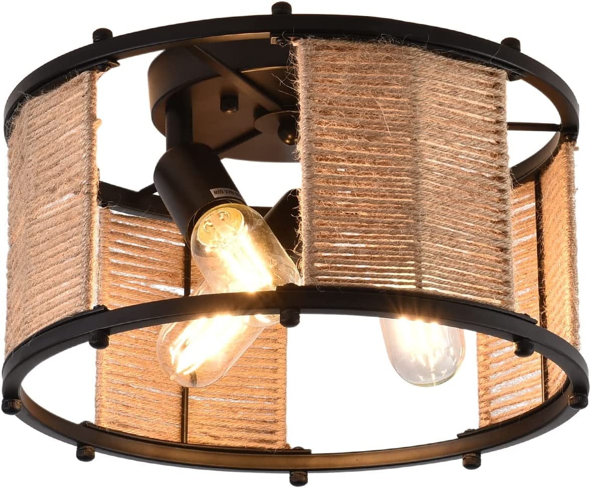 Farmhouse Hemp Rope Flush Mount Light, 3-Light Metal Frame Rattan Caged ...