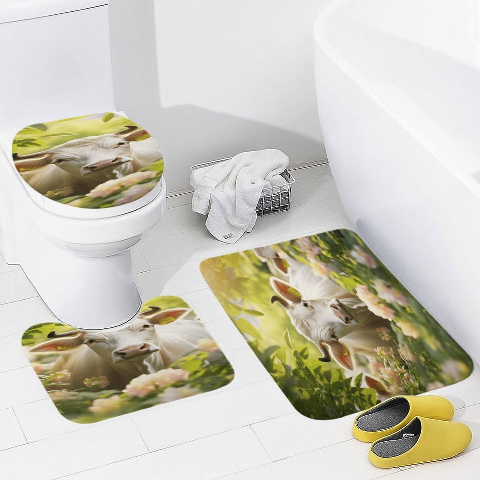 Farmhouse Highland Cow Funny Cattle And Flower Bathroom Mats Set 3 ...