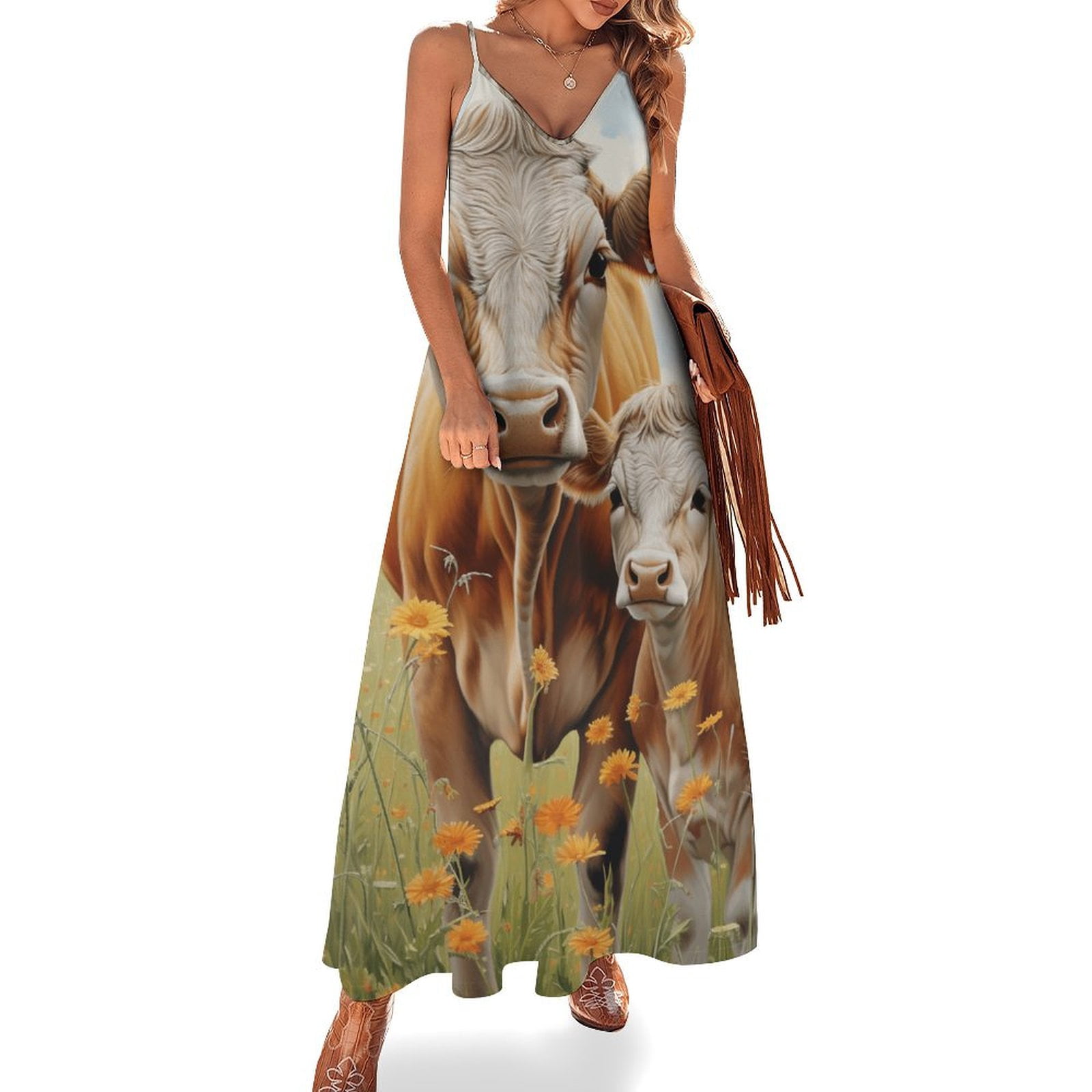 Farmhouse Highland Cow Funny Cattle And Flower Design Sleeveless Dress ...