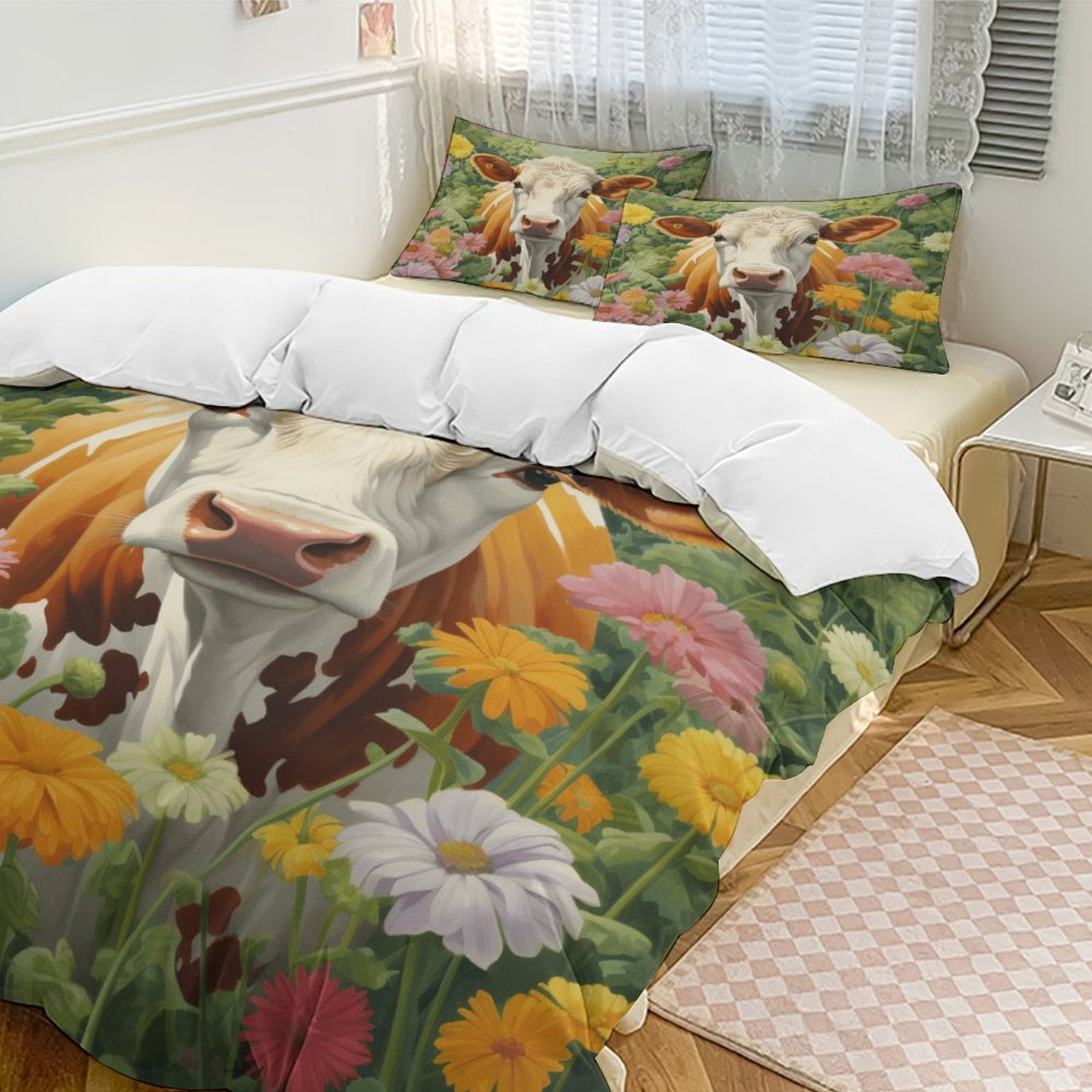Farmhouse Highland Cow Funny Cattle And Flower Duvet Cover Set Pattern ...