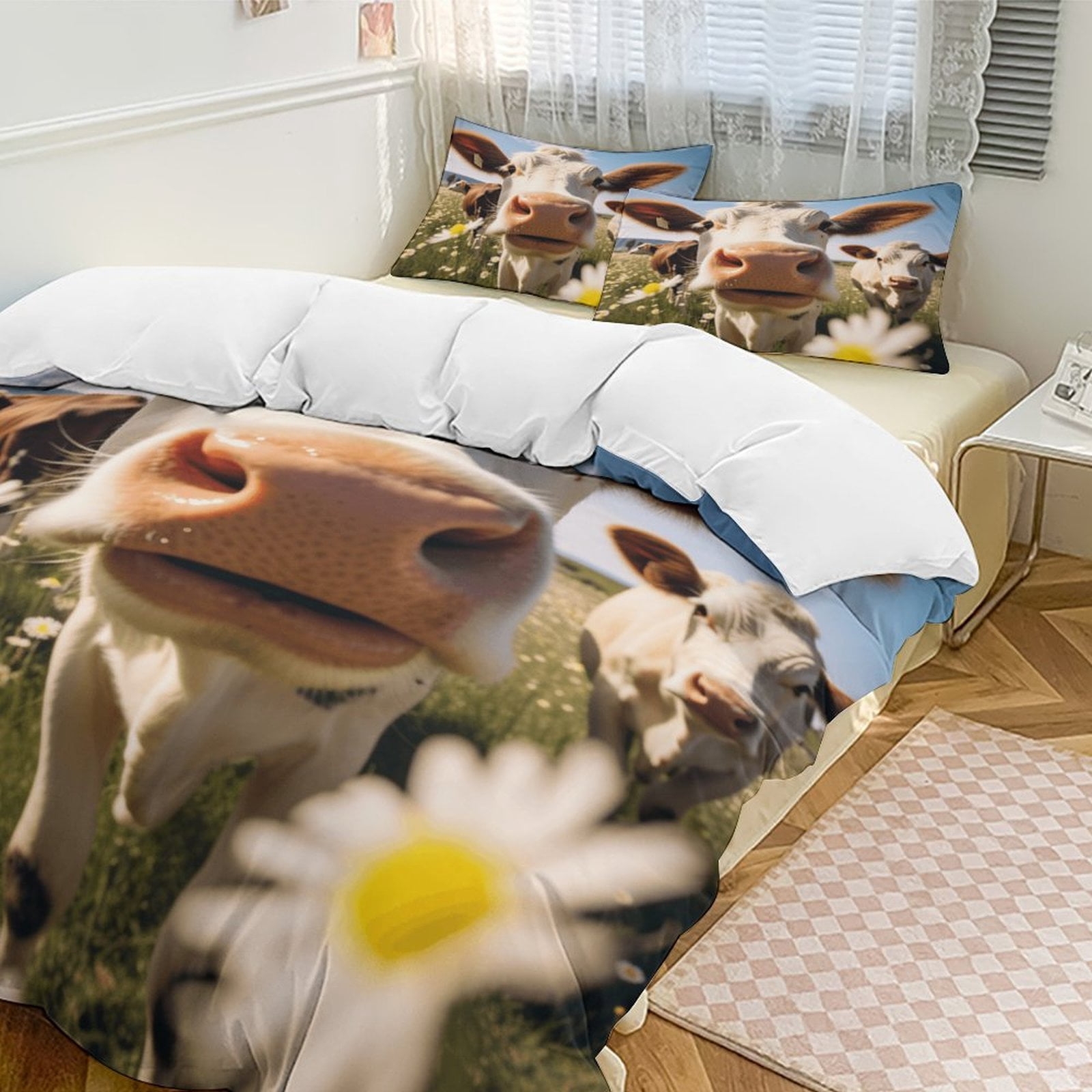 Farmhouse Highland Cow Funny Cattle And Flower Duvet Cover Set Pattern ...