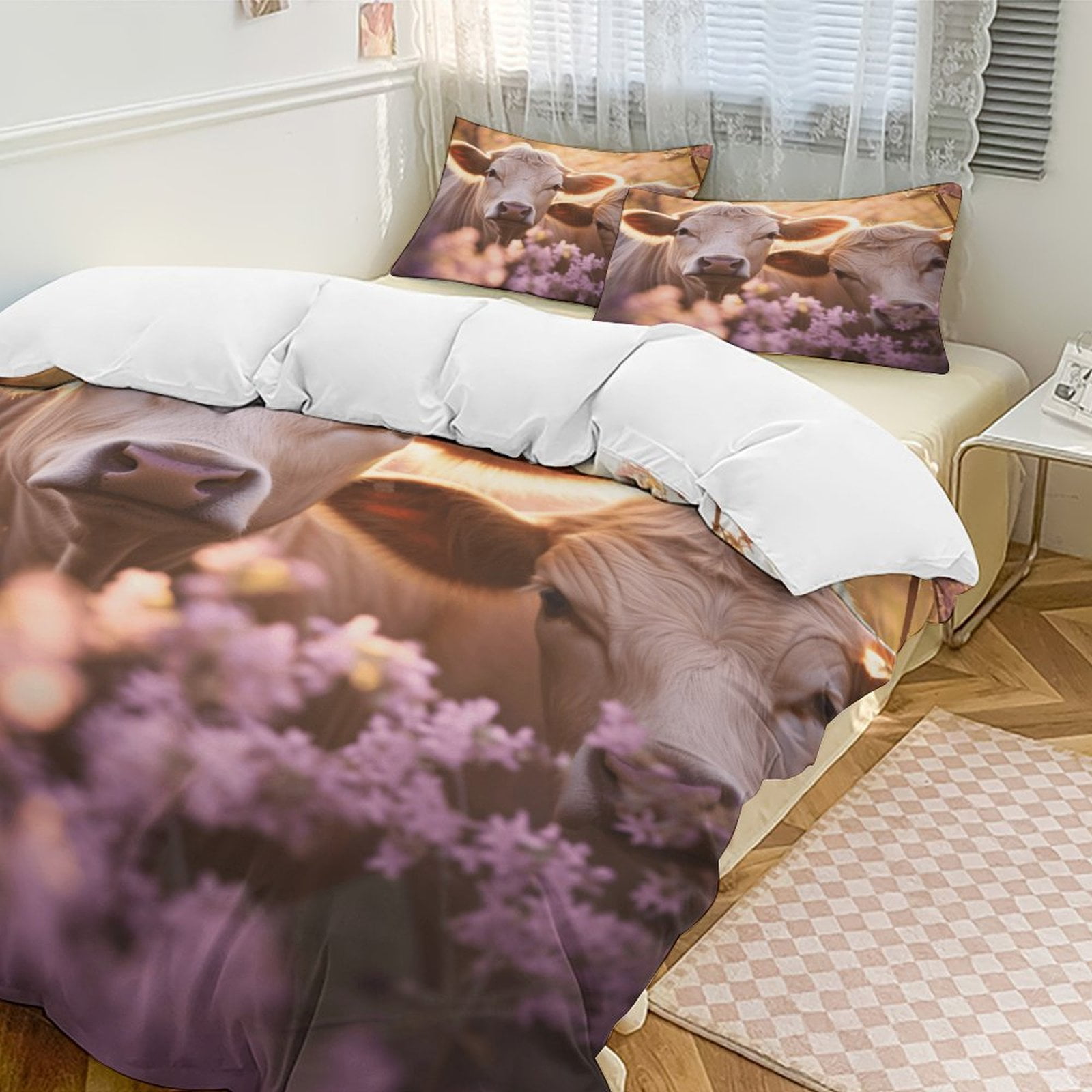 Farmhouse Highland Cow Funny Cattle And Flower Duvet Cover Set Themed ...