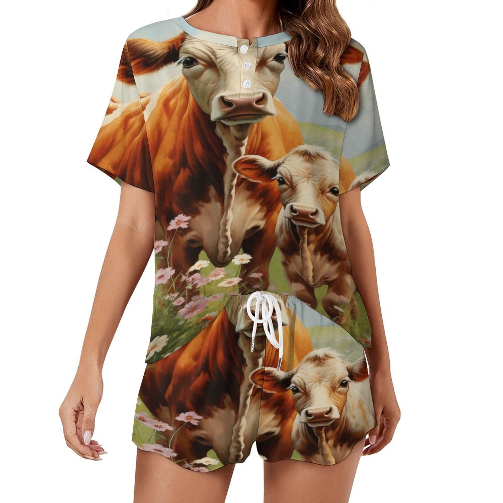 Farmhouse Highland Cow Funny Cattle And Flower Pajamas Set Womens ...