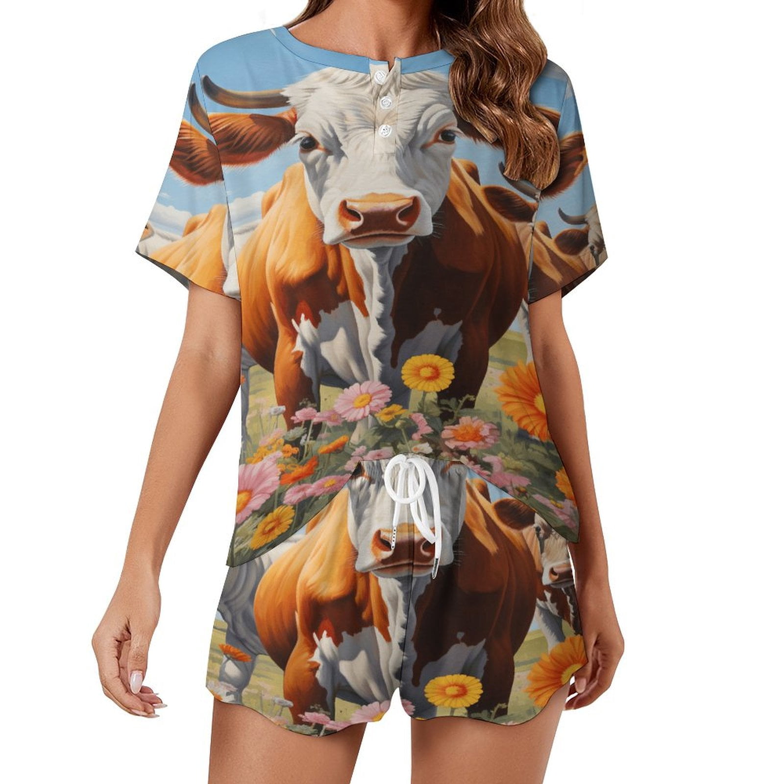 Farmhouse Highland Cow Funny Cattle And Flower Pajamas Set Womens ...