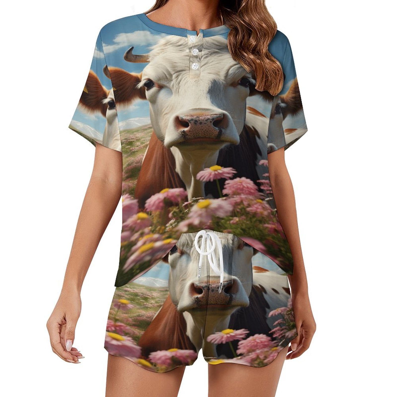 Farmhouse Highland Cow Funny Cattle And Flower Pajamas Set Womens ...