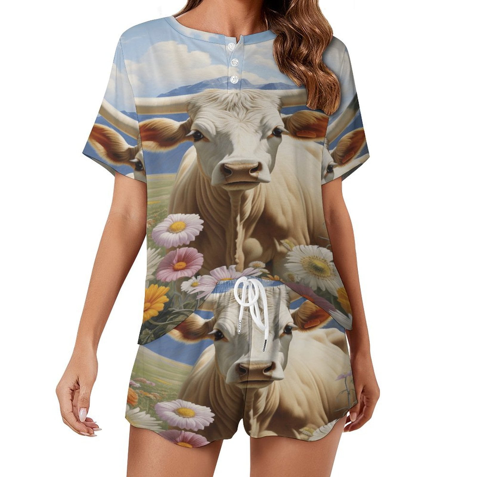 Farmhouse Highland Cow Funny Cattle And Flower Print Women'S Pajamas ...
