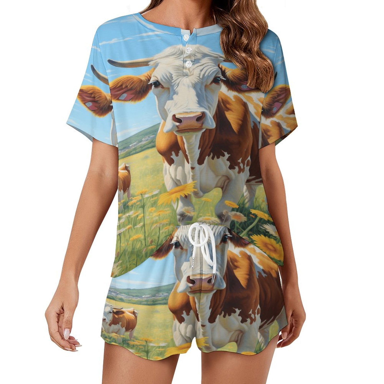 Farmhouse Highland Cow Funny Cattle And Flower Print Women'S Pajamas ...