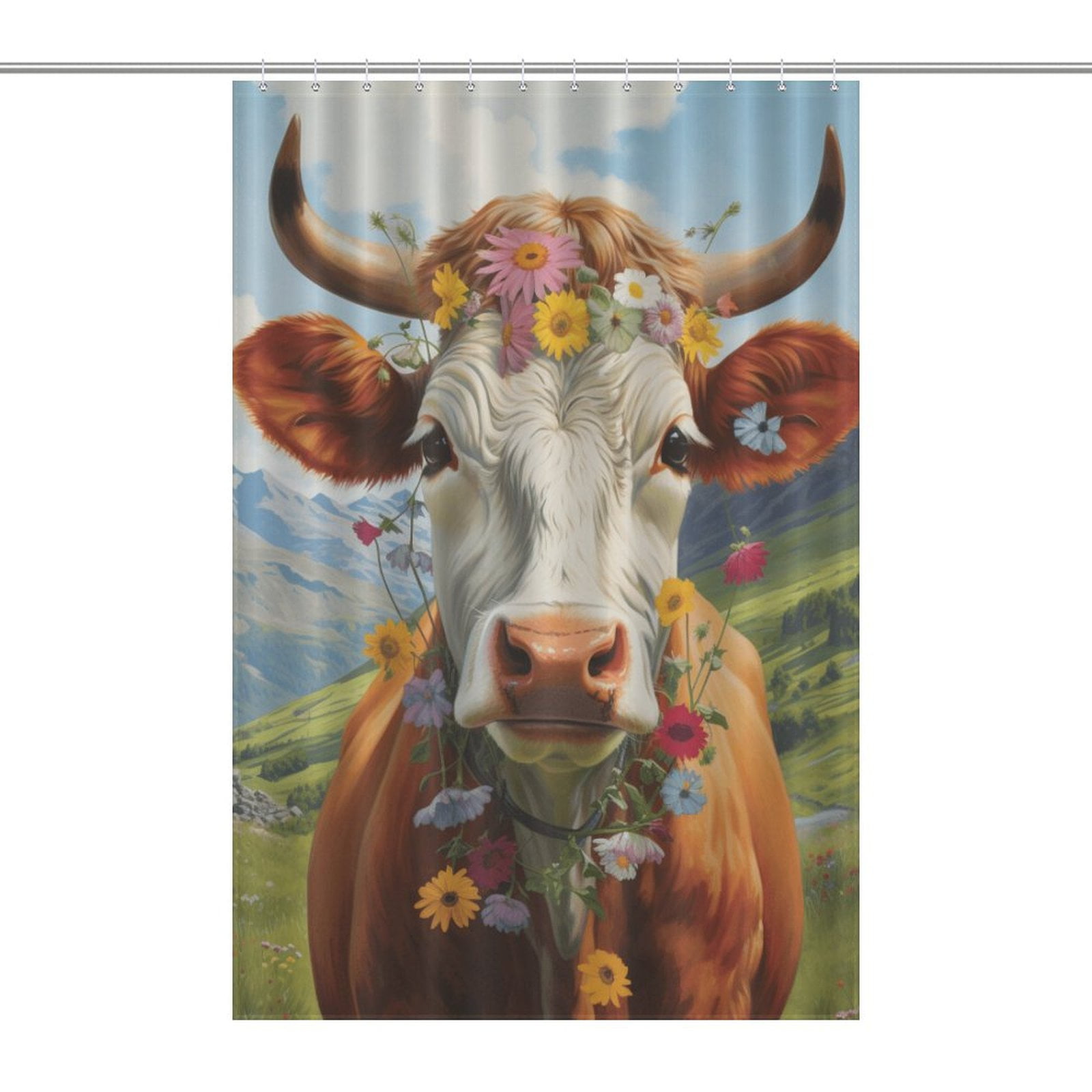 Farmhouse Highland Cow Funny Cattle And Flower Shower Curtain Fabric ...