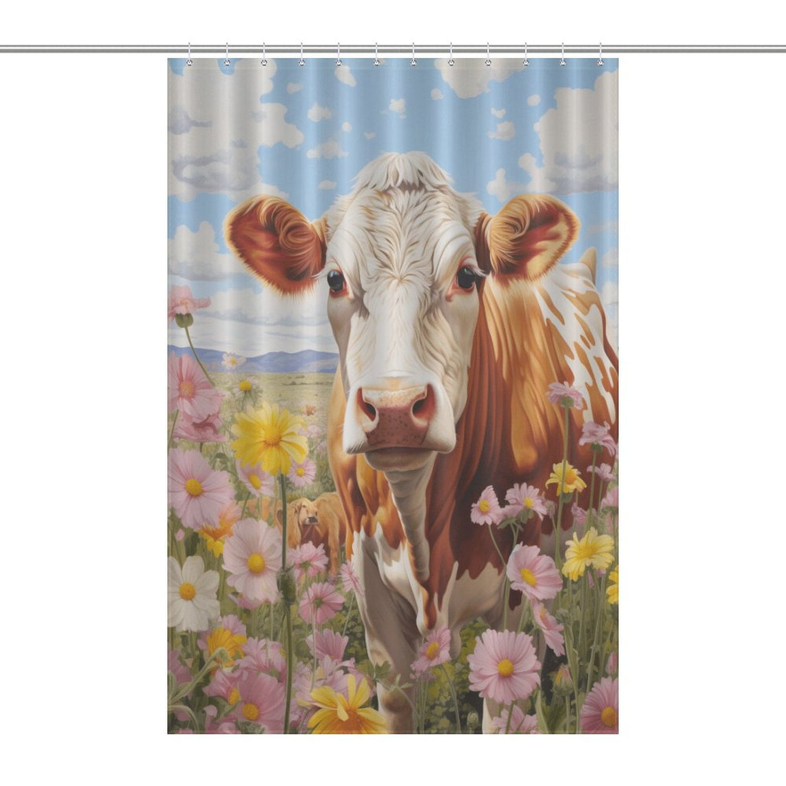 Farmhouse Highland Cow Funny Cattle And Flower Shower Curtain Fabric ...