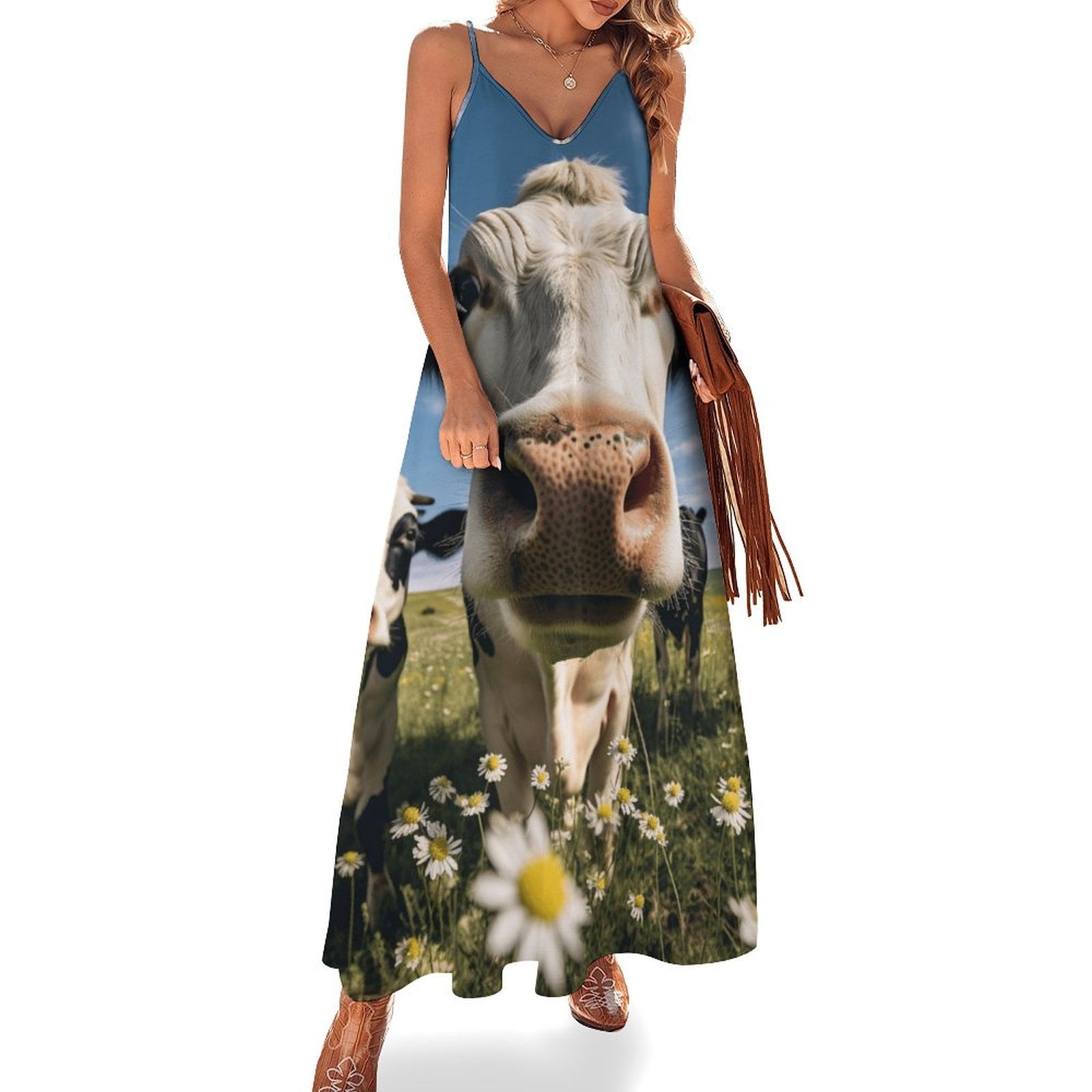 Farmhouse Highland Cow Funny Cattle And Flower Sleeveless Dress Woman ...