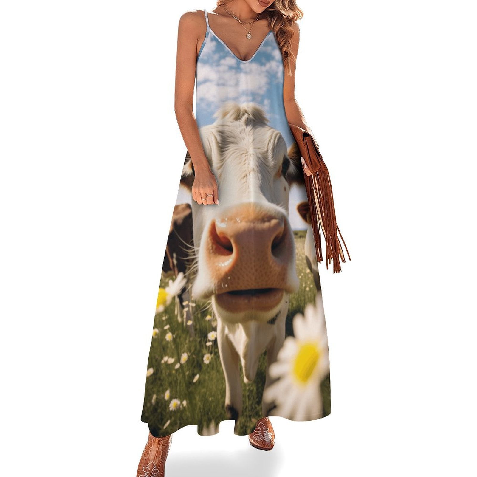 Farmhouse Highland Cow Funny Cattle And Flower Sleeveless Dress Women's ...