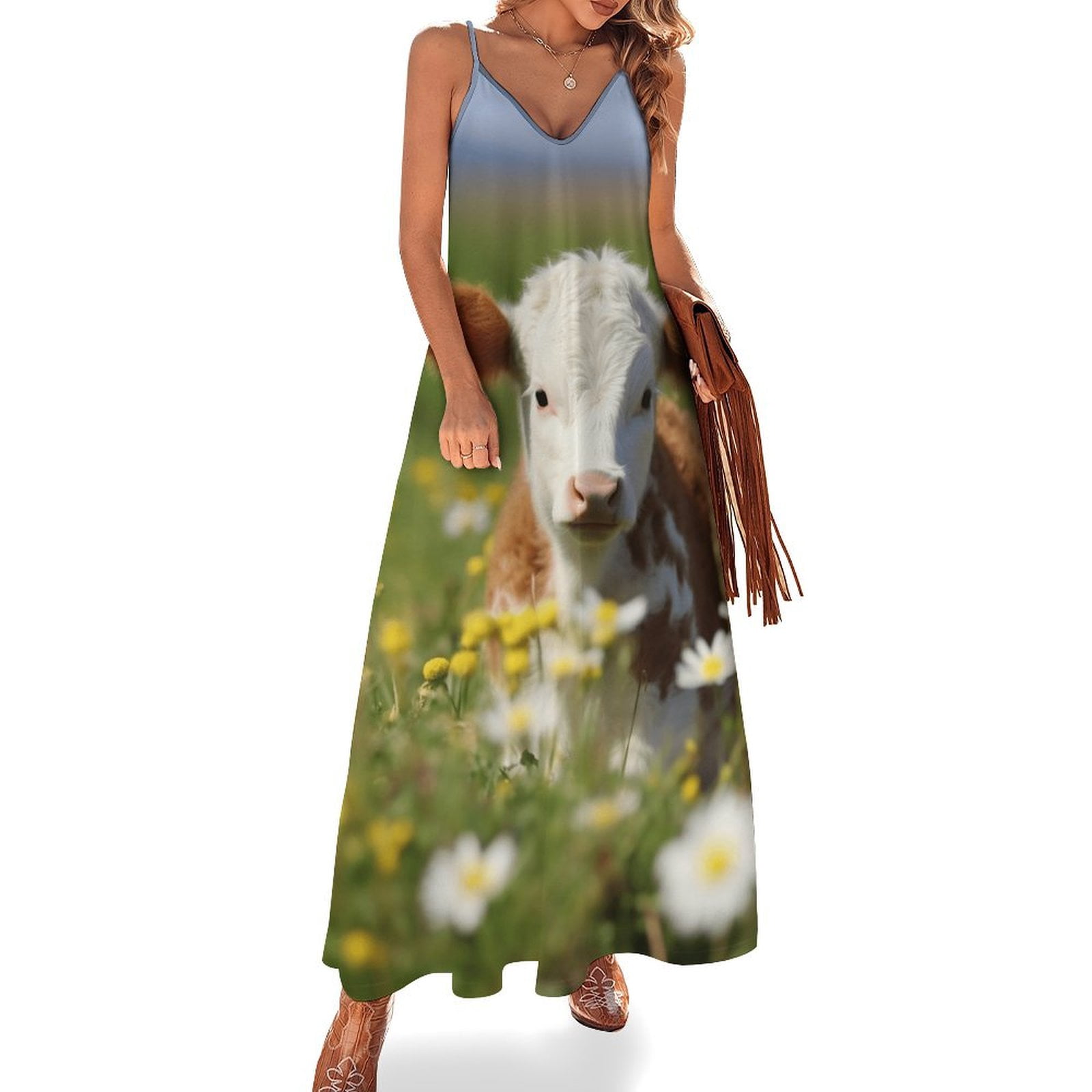 Farmhouse Highland Cow Funny Cattle And Flower Sleeveless Dress Women's ...