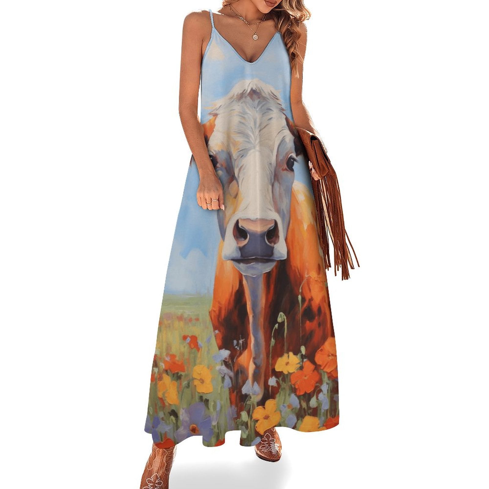 Farmhouse Highland Cow Funny Cattle And Flower Sleeveless Dress Women's ...