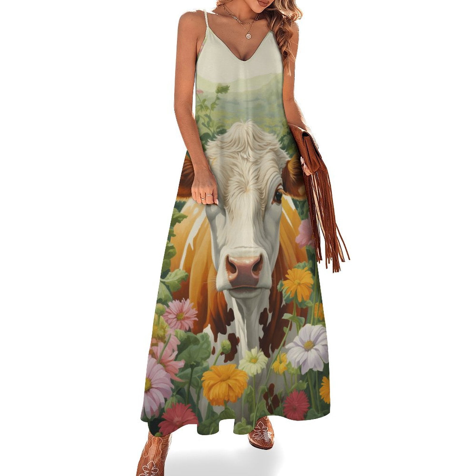 Farmhouse Highland Cow Funny Cattle And Flower Sleeveless Dress for ...