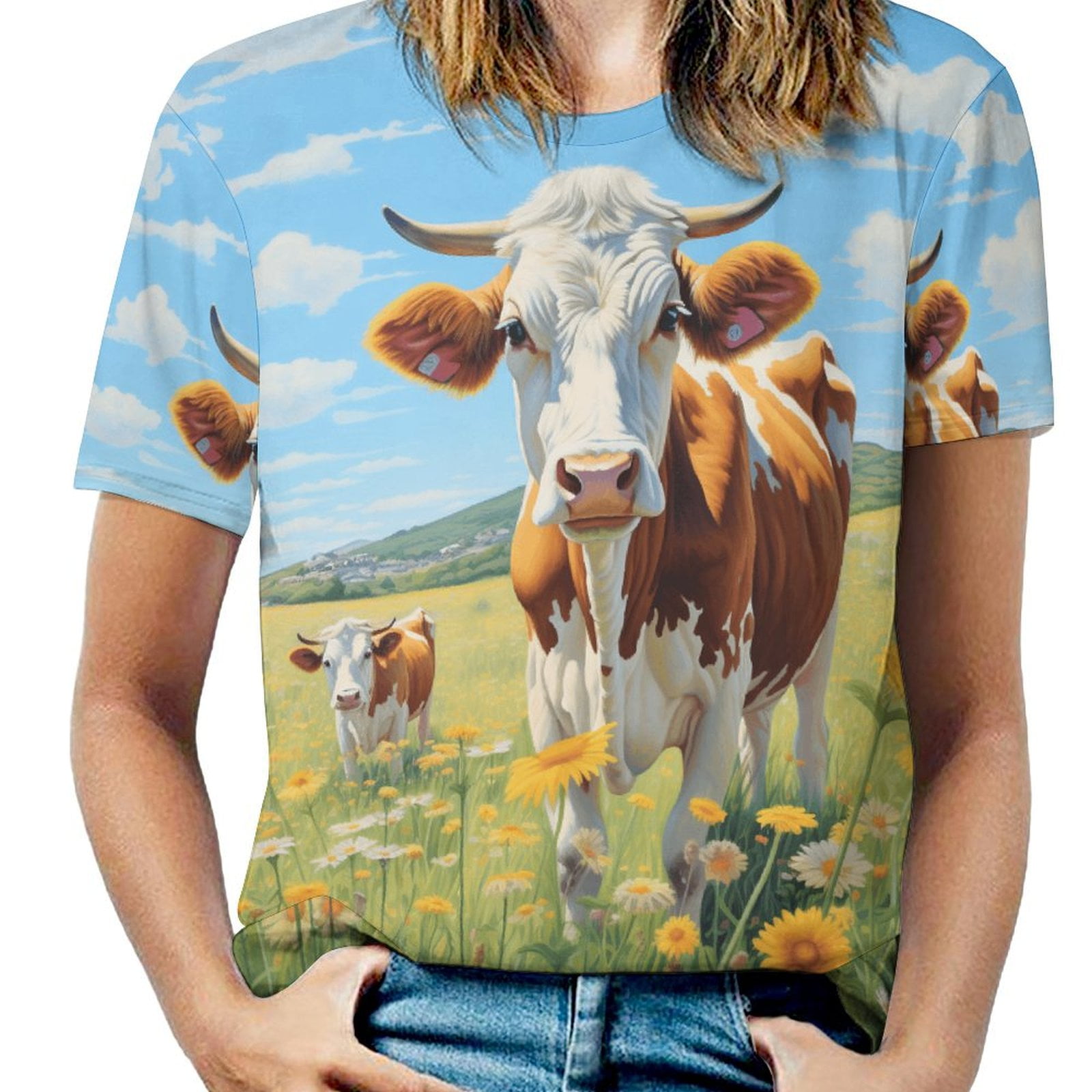 Farmhouse Highland Cow Funny Cattle And Flower T Shirts Basic T-Shirt Short Sleeve Ladies Tee ...