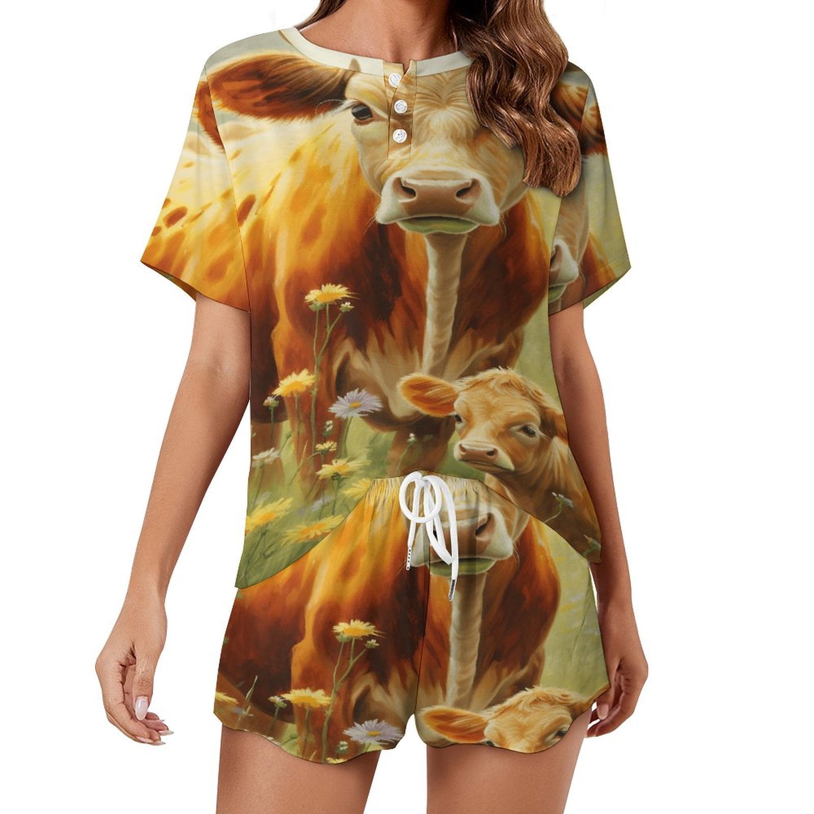 Farmhouse Highland Cow Funny Cattle And Flower Women's Ruffle Short ...