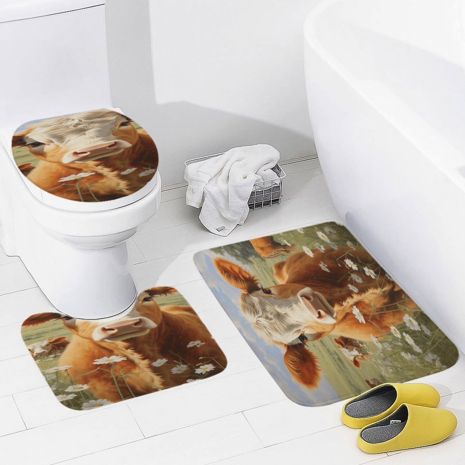 Farmhouse Highland Cow Funny Cattle And Flower 3 Piece Bath Rugs Mat ...