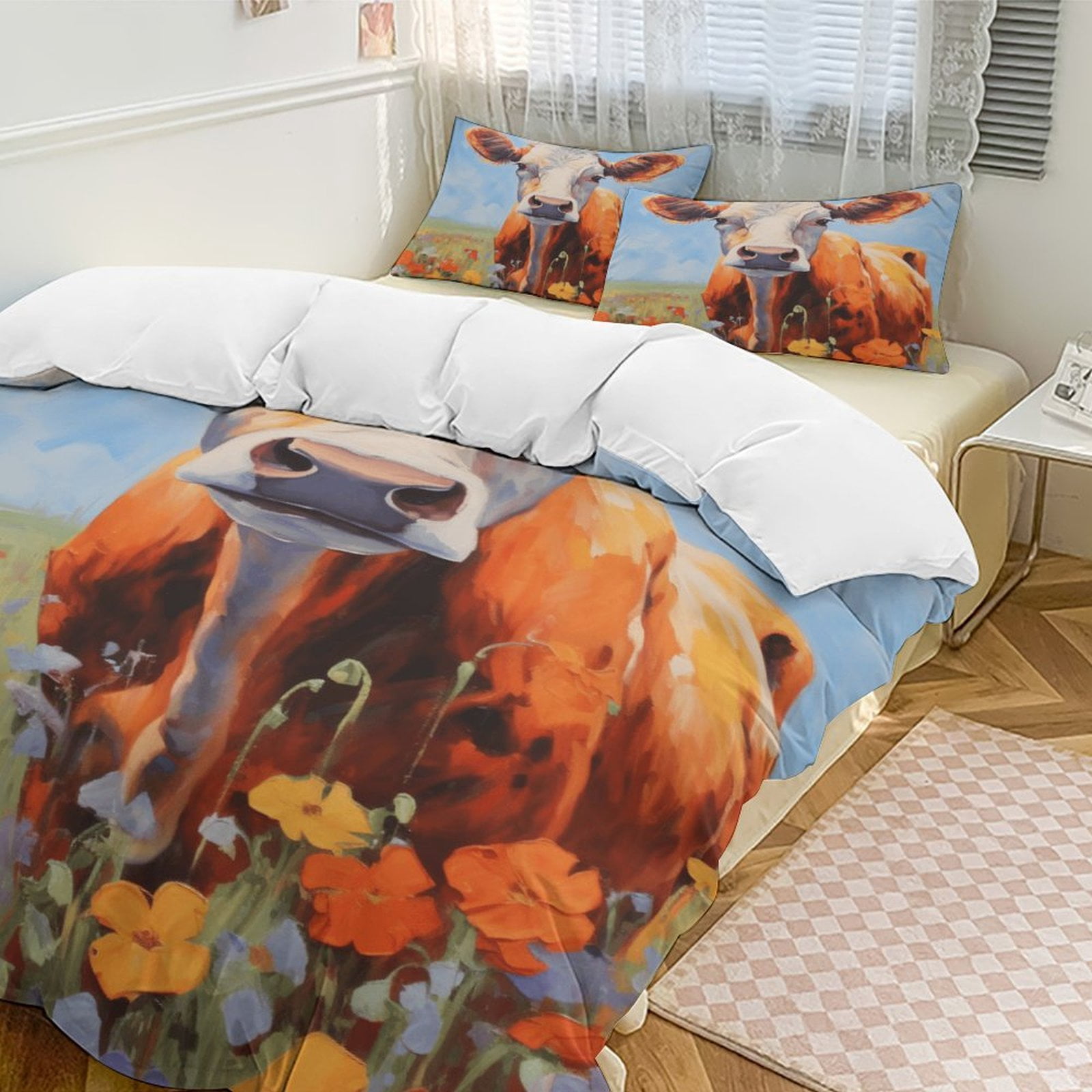 Farmhouse Highland Cow Funny Cattle And Flower Duvet Cover Set King ...