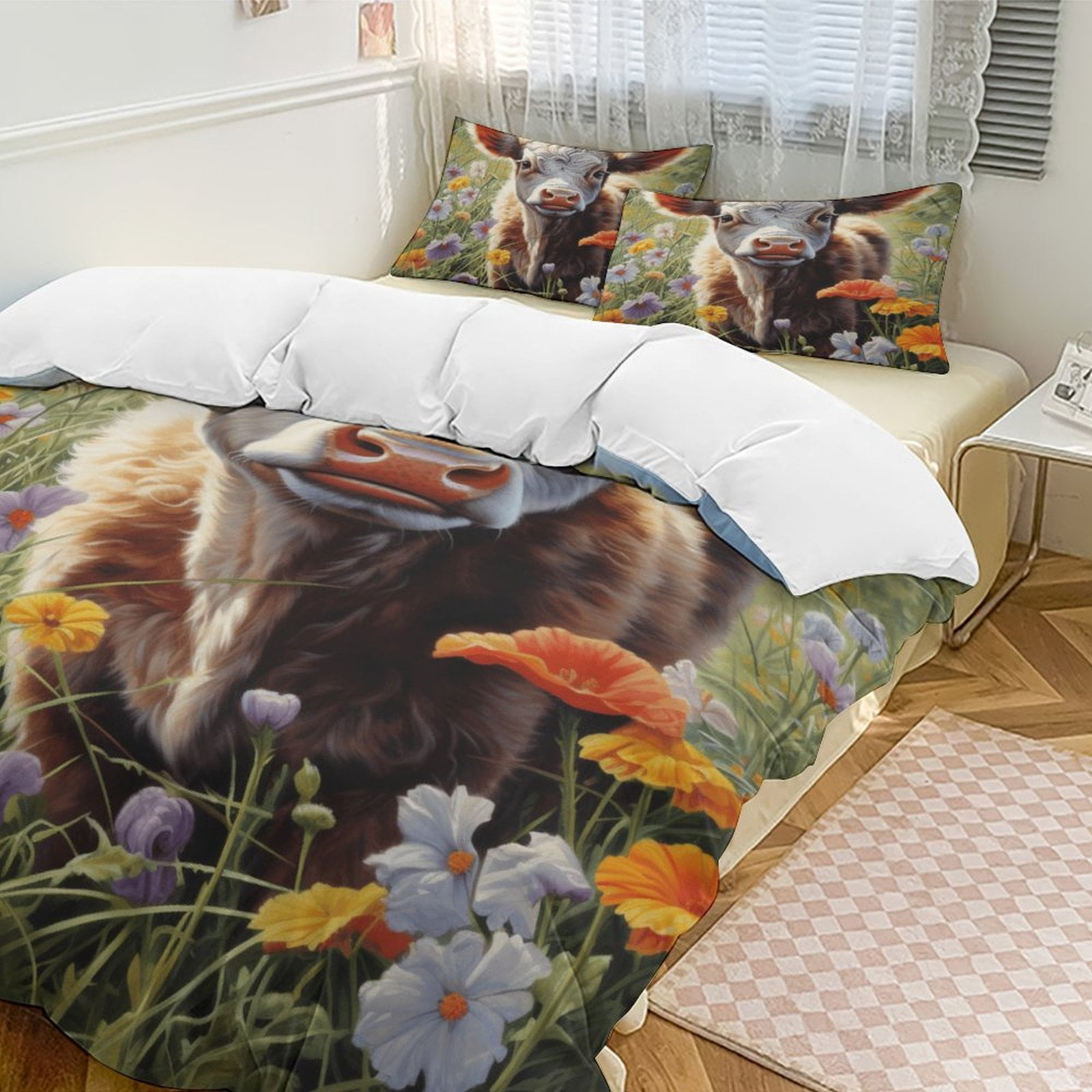 Farmhouse Highland Cow Funny Cattle And Flower Duvet Cover Set King ...