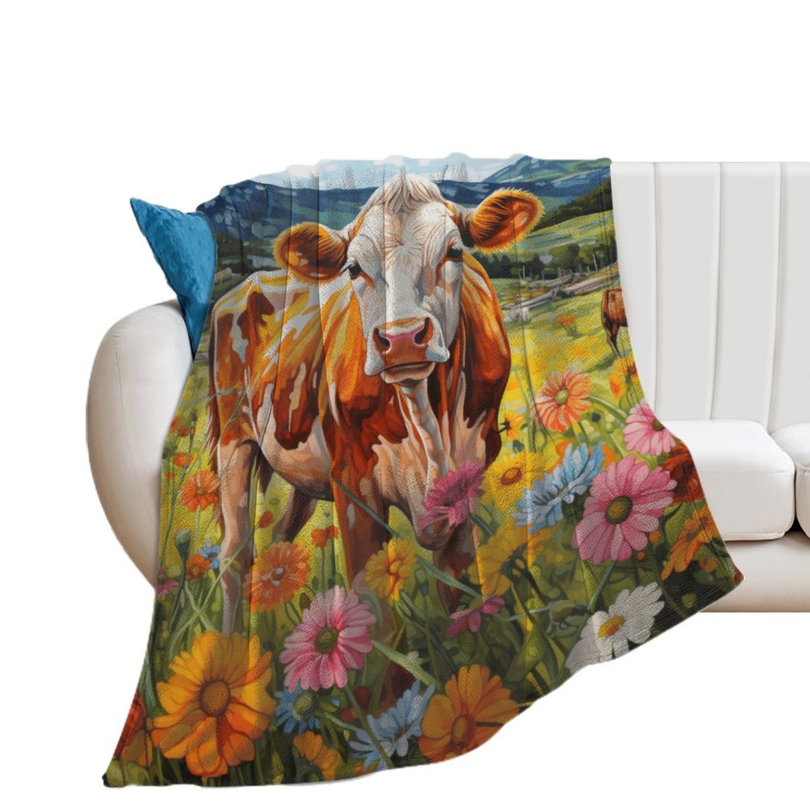 Farmhouse Highland Cow Funny Cattle And Flower Print Blanket Warm Throw ...