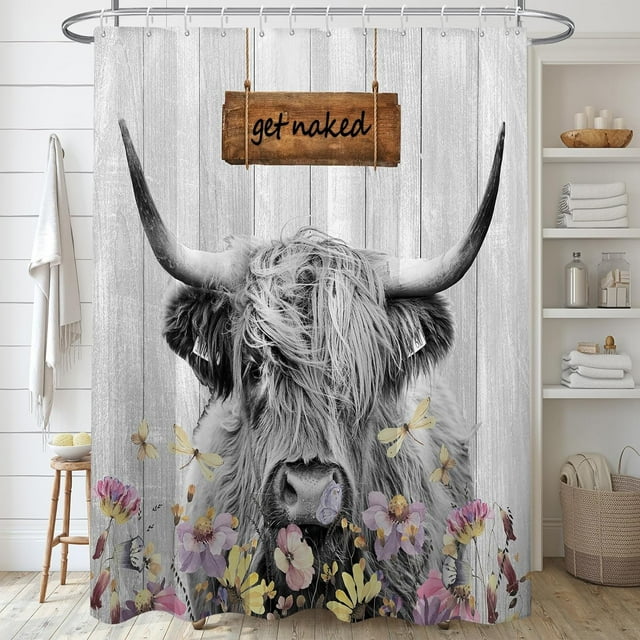 Farmhouse Highland Cow Shower Curtain,Purple Floral Bathroom Shower ...