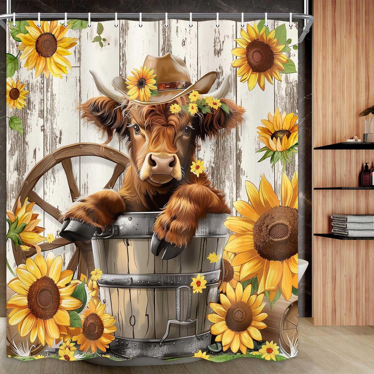 Farmhouse Highland Cow Shower Curtain, Rustic Cow Shower Curtain Set ...