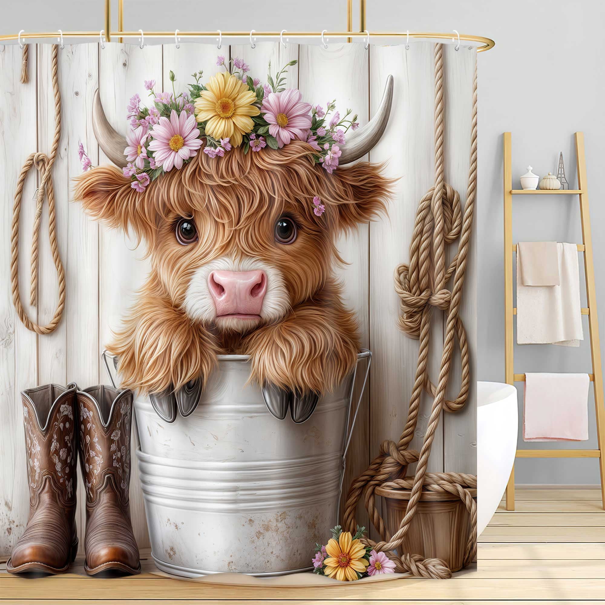 Farmhouse Highland Cow Shower Curtain, Spring Rustic Flower Plant Funny ...