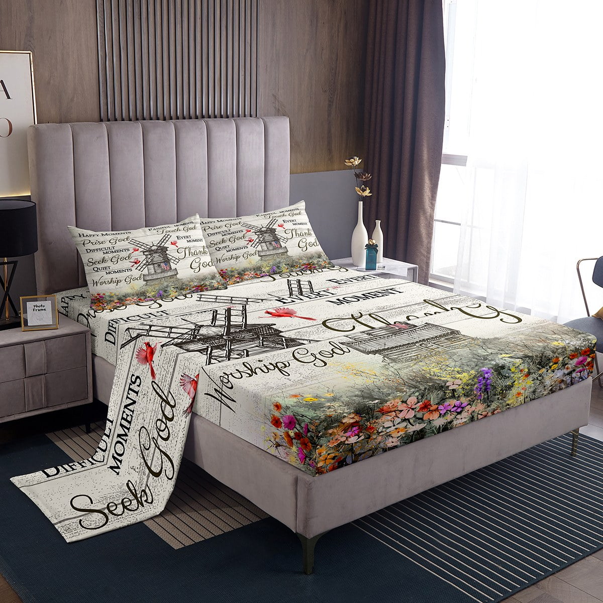 Farmhouse Hummingbird Bed Sheets Set Rustic Windmill Sheet Set King ...