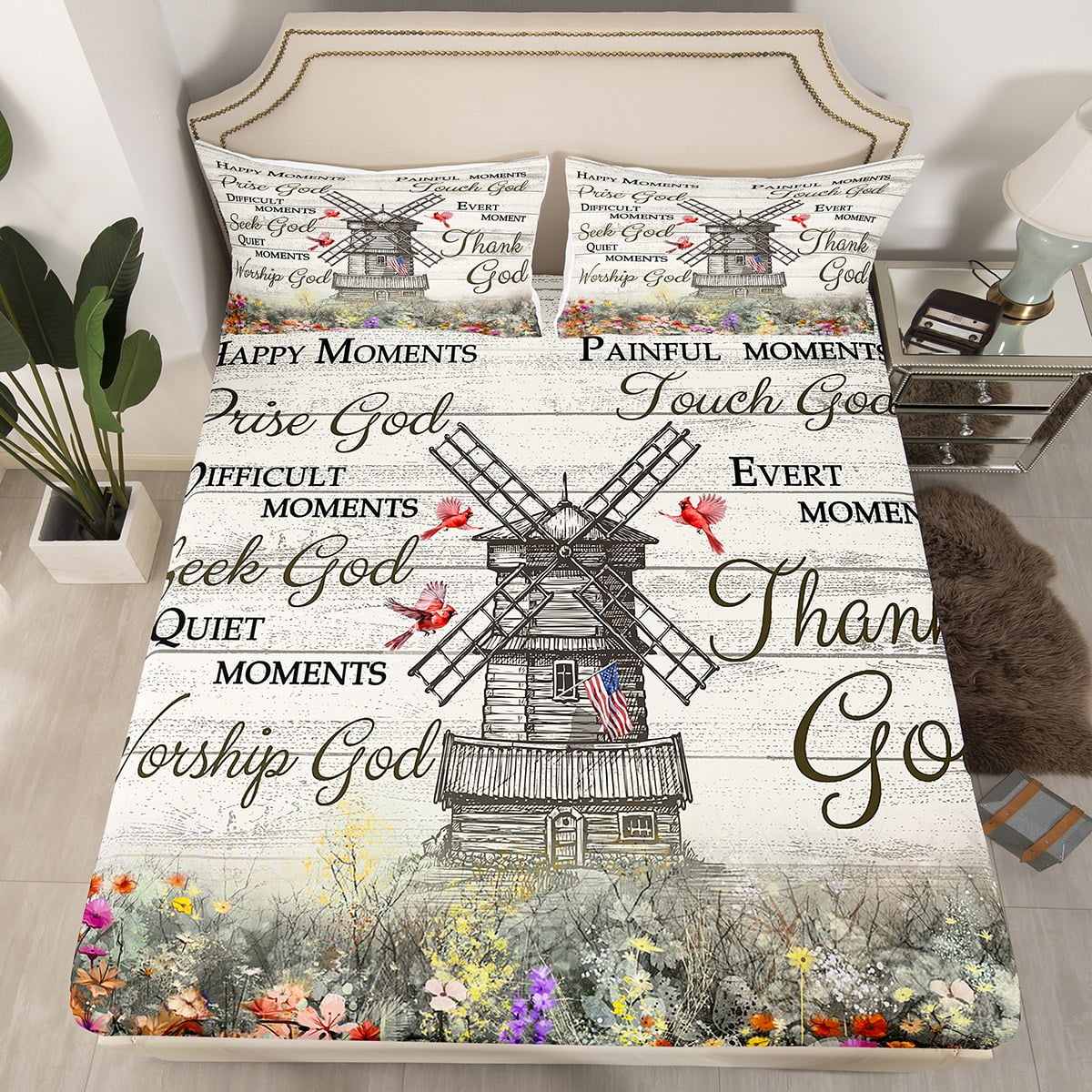 Farmhouse Hummingbird Fitted Sheet Rustic Windmill Bedding Set Queen ...
