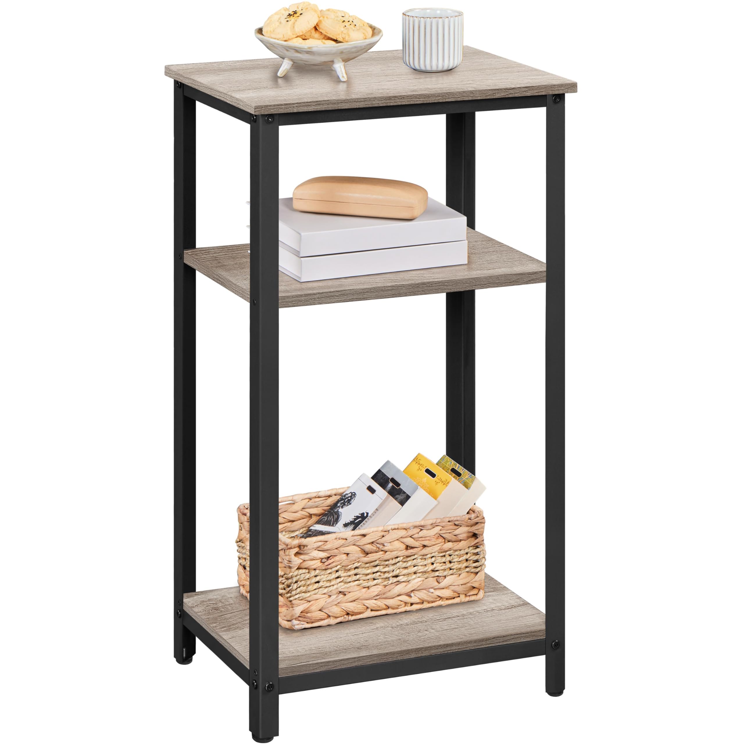 Farmhouse Industrial End Table 30 in Tall, 3 Tier Wood Shelves, Compact ...