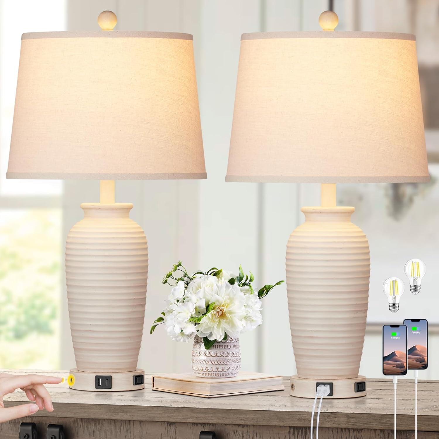 Farmhouse Jar Table Lamps Set of 2, 3 Way Touch Control Rustic Bedside ...