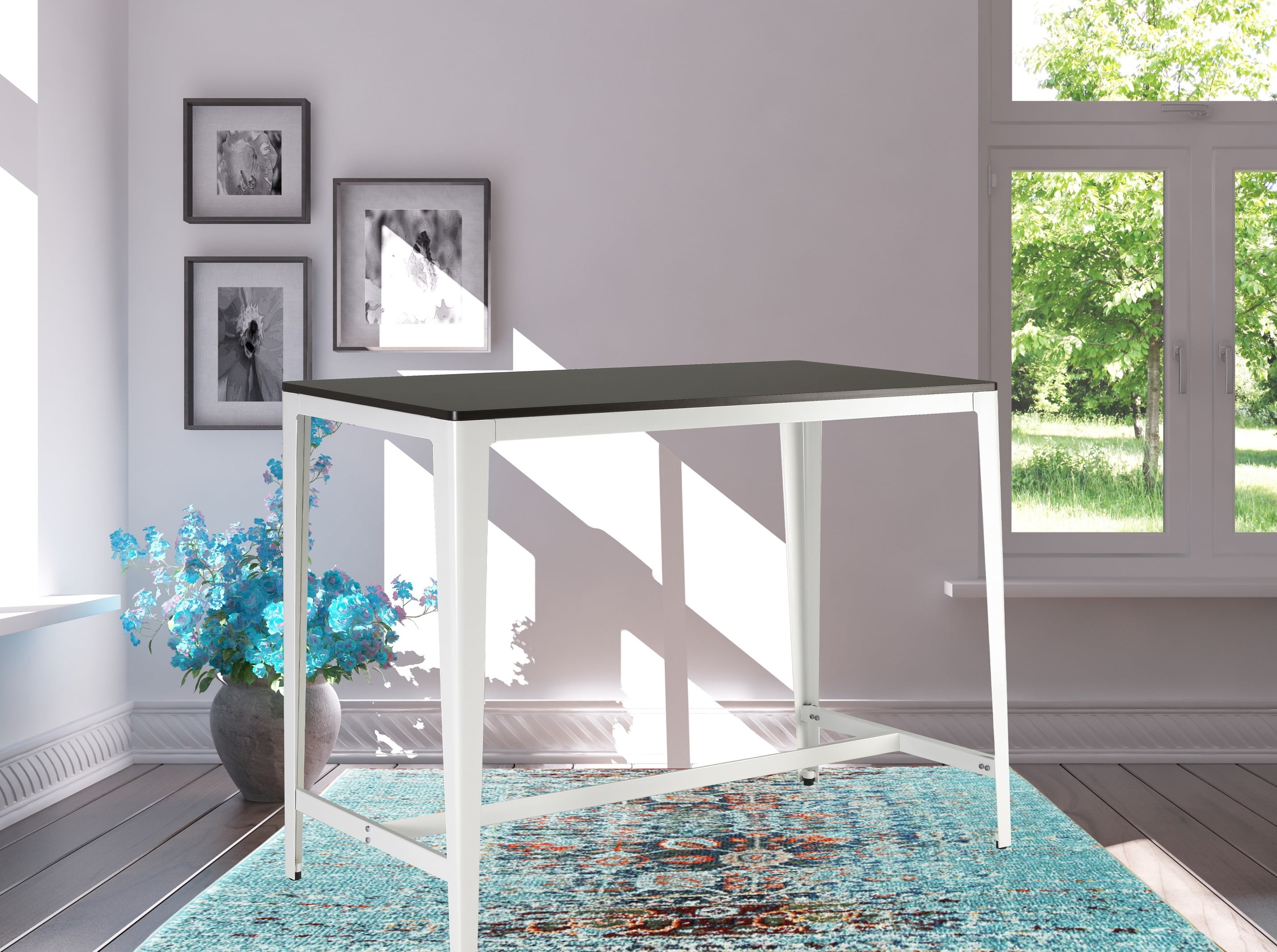 Farmhouse Kitchen Counter Table - Brown MDF Top & White Metal Frame, 43 ...