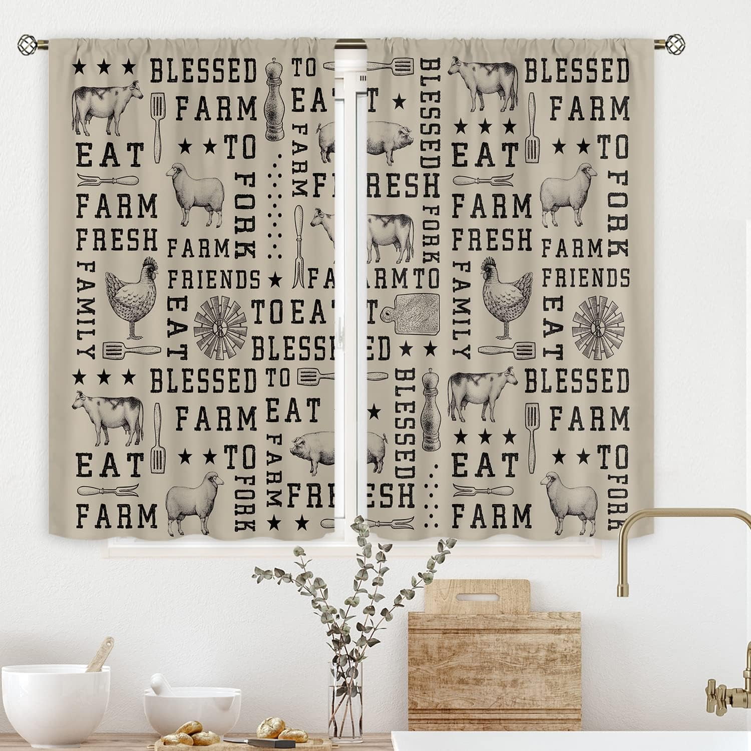 Farmhouse Kitchen Curtains 27.5Wx36H Inch Rod Pocket Grey Country ...