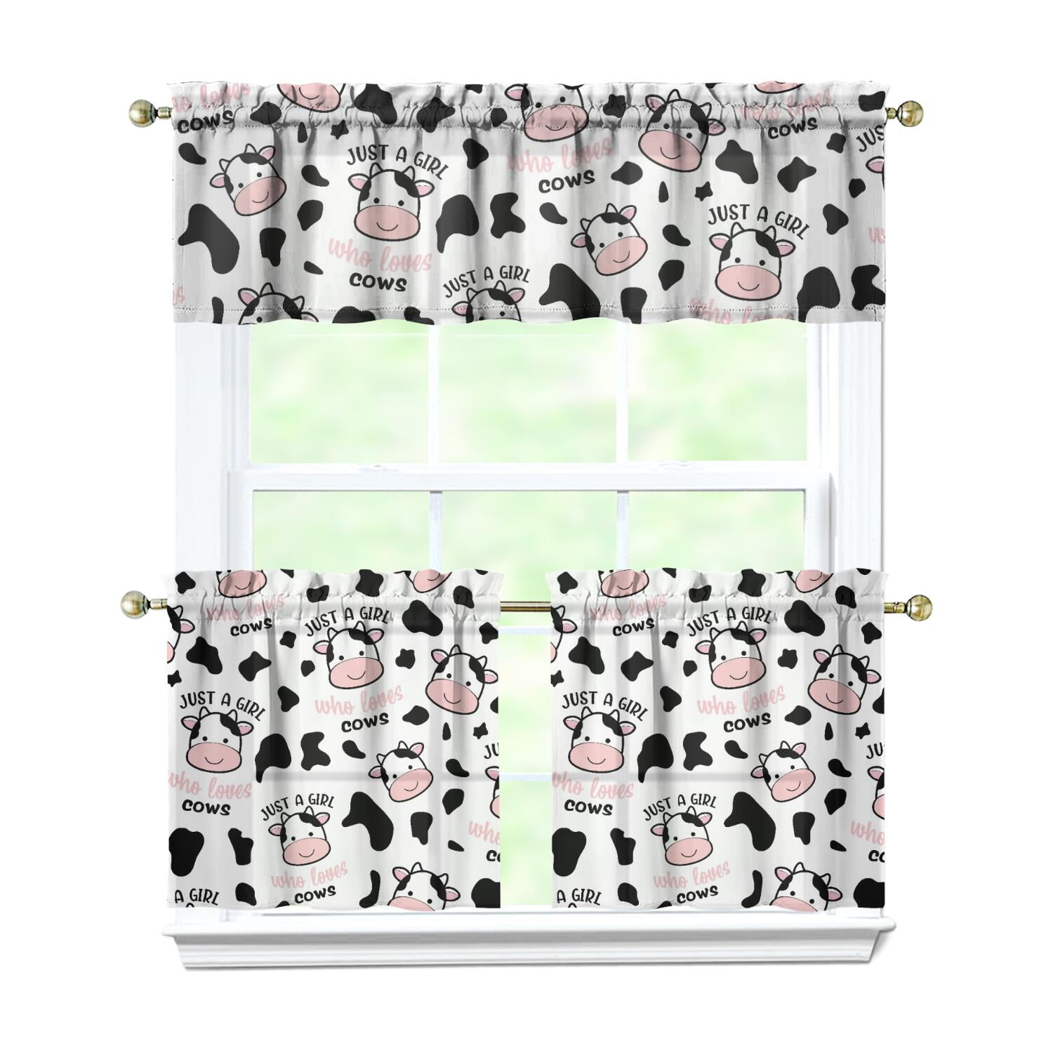 Farmhouse Kitchen Curtains 3 Piece Set - Cute Cow Buffalo Print Tier ...