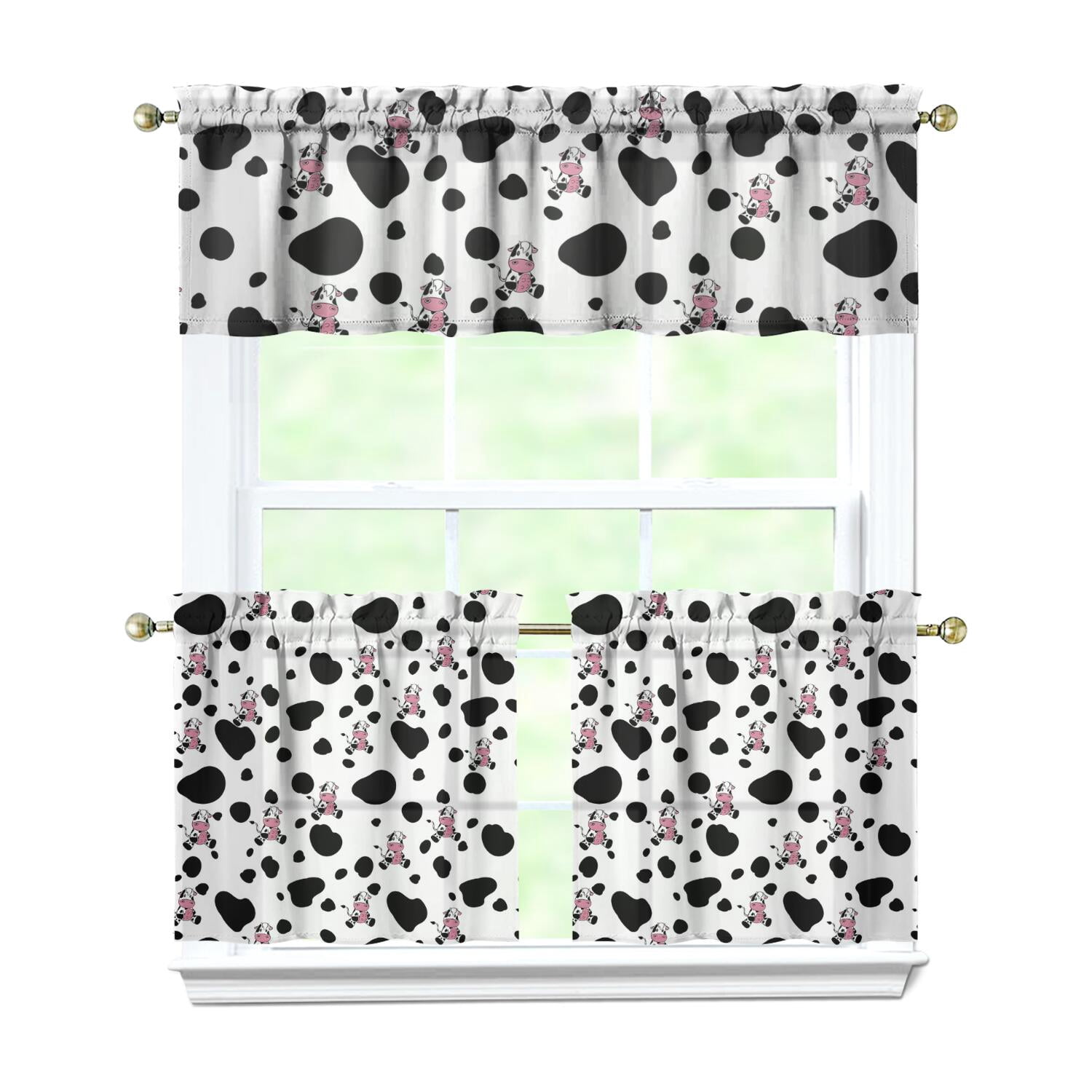 Farmhouse Kitchen Curtains 3 Piece Set - Cute Cow Buffalo Print Tier ...
