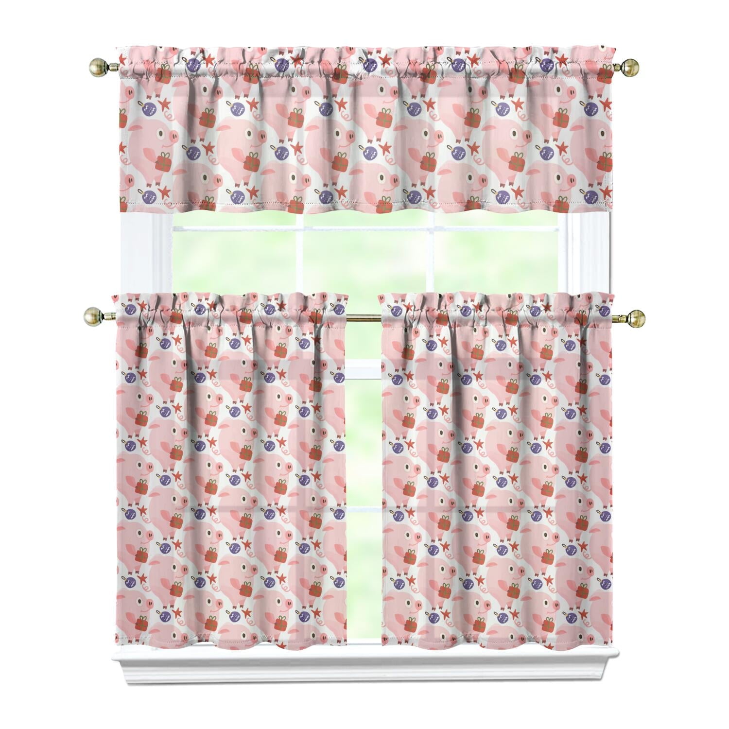 Farmhouse Kitchen Curtains 3 Piece Set - Funny Pig Art Print Semi-Sheer ...